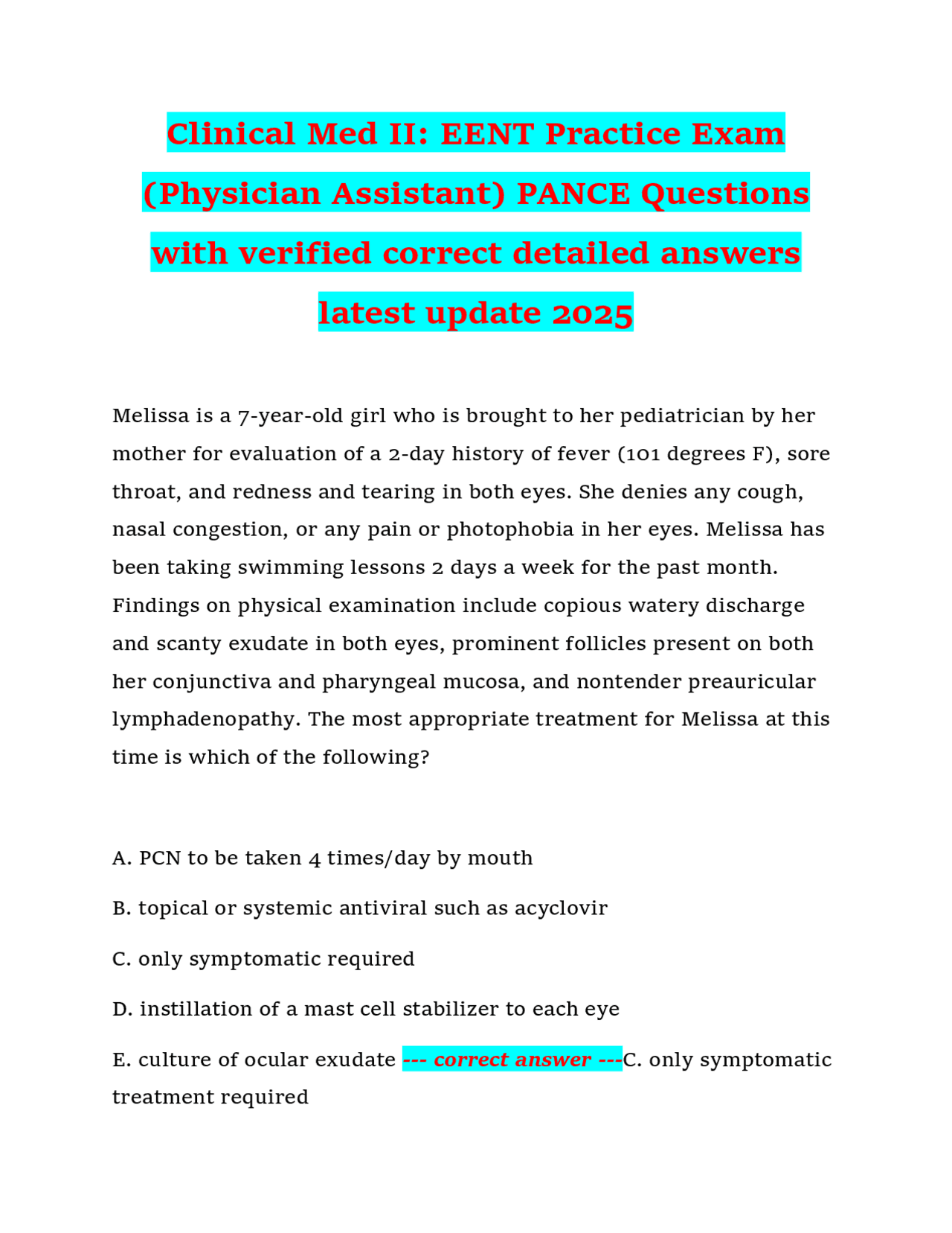 Clinical Med II: EENT Practice Exam (Physician Assistant) PANCE ...