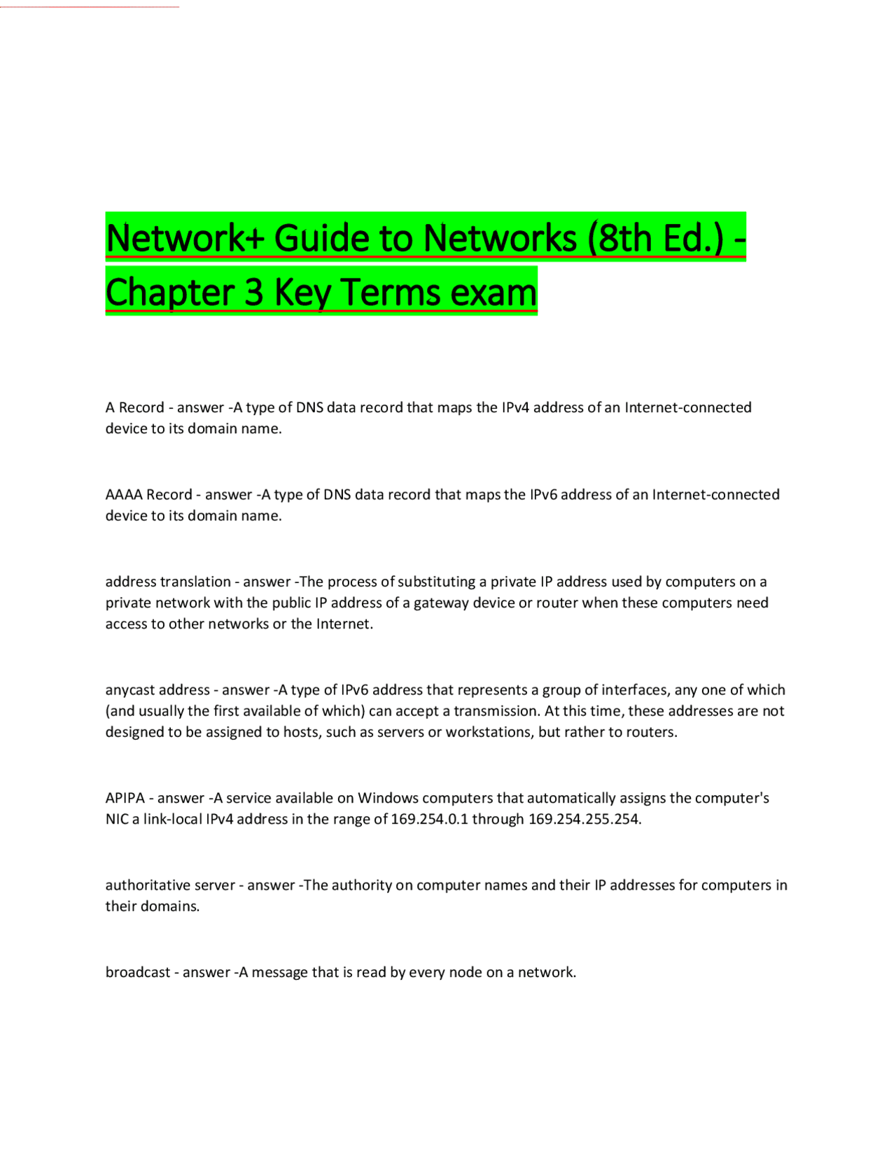Network+ Guide to Networks (8th Ed.) - Chapter 3 Key Terms exam .pdf | Exams Nursing | Docsity
