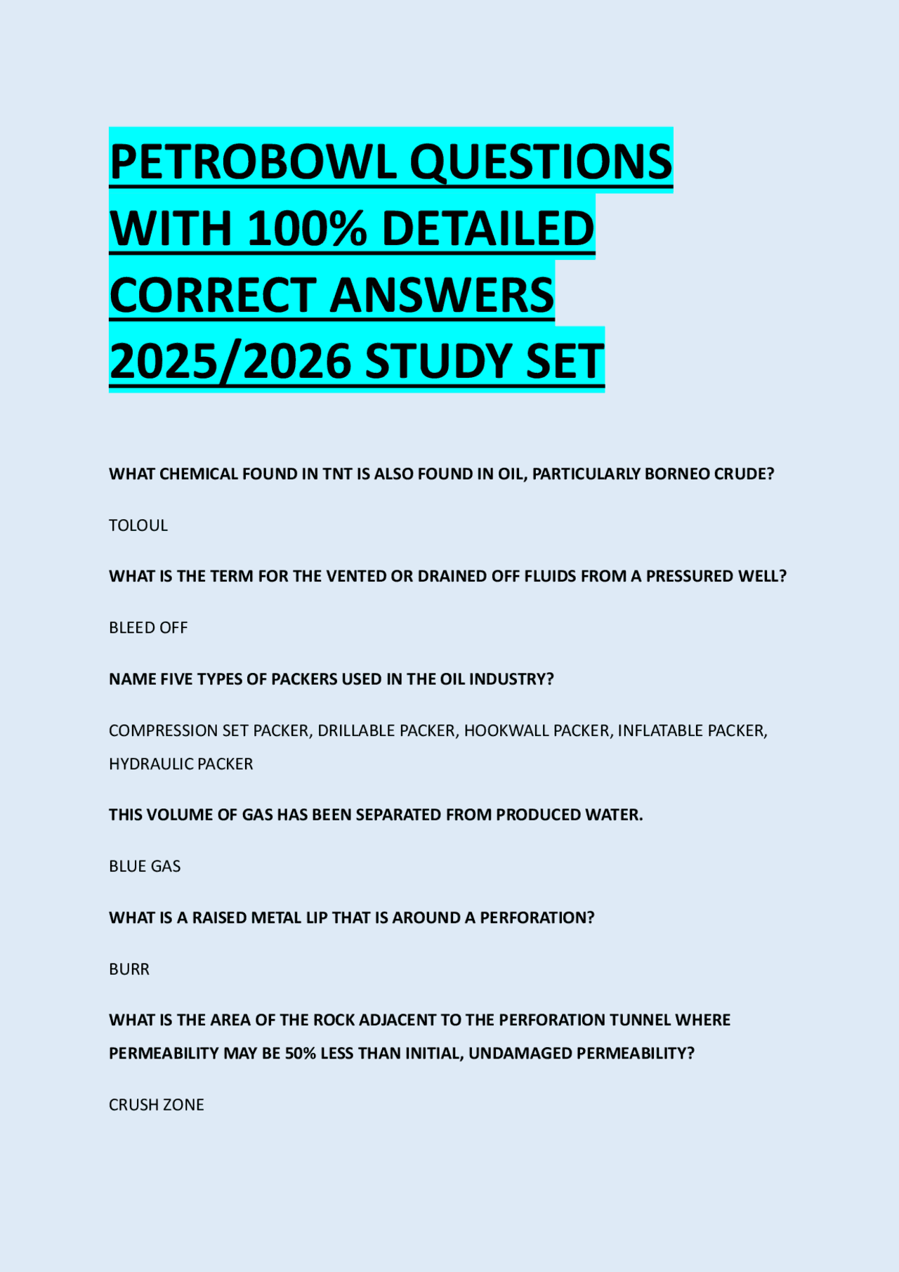 PETROBOWL QUESTIONS WITH 100% DETAILED CORRECT ANSWERS 2025/2026 STUDY ...