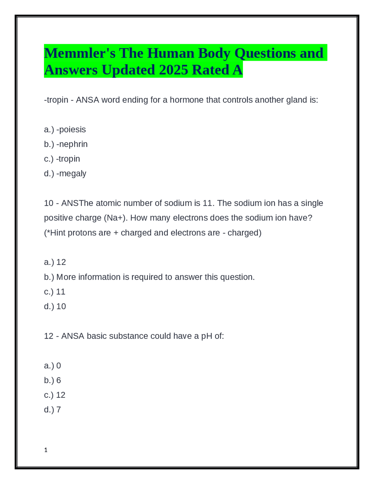 Memmler's The Human Body Questions and Answers Updated 2025 | Exams ...