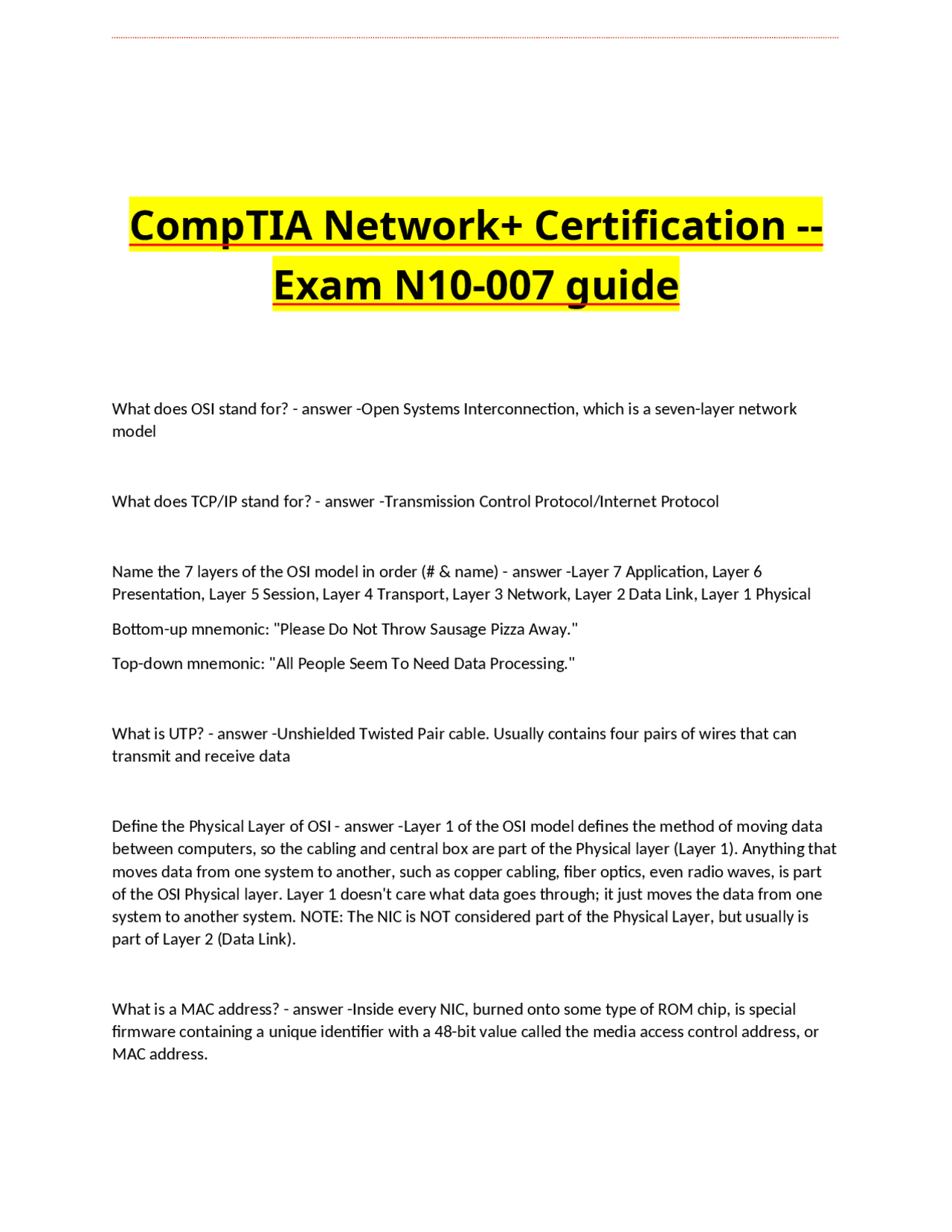CompTIA Network+ Certification --Exam N10-007 guide.docx | Exams ...