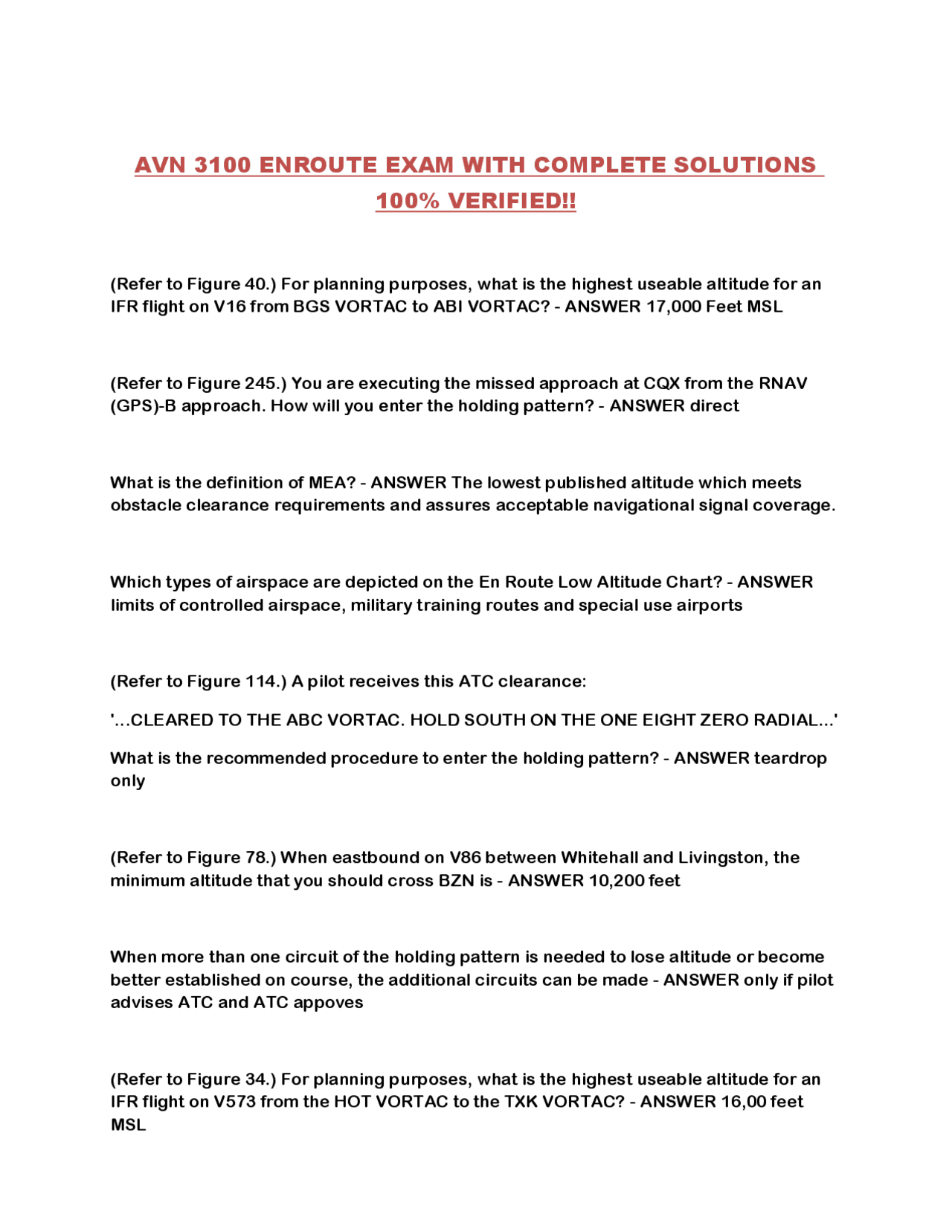 AVN 3100 ENROUTE EXAM WITH COMPLETE SOLUTIONS 100% VERIFIED!! | Exams Advanced Education | Docsity