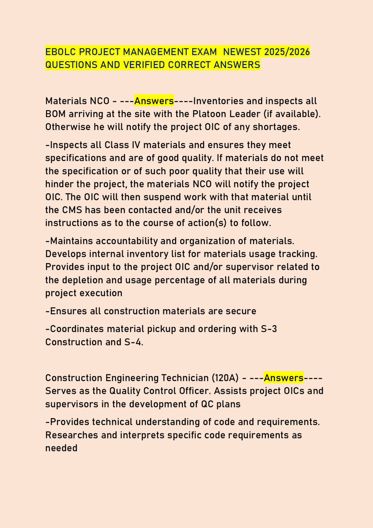 EBOLC PROJECT MANAGEMENT EXAM NEWEST 2025/2026 QUESTIONS AND VERIFIED ...