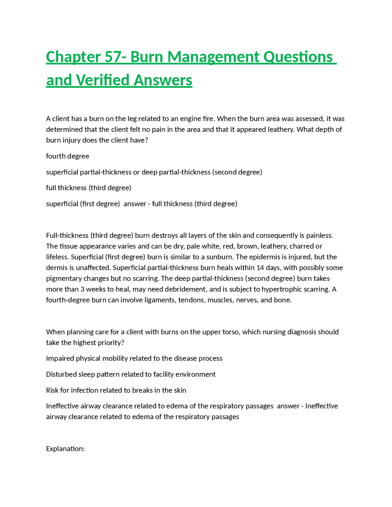 Chapter 57- Burn Management Questions and Verified Answers | Exams ...