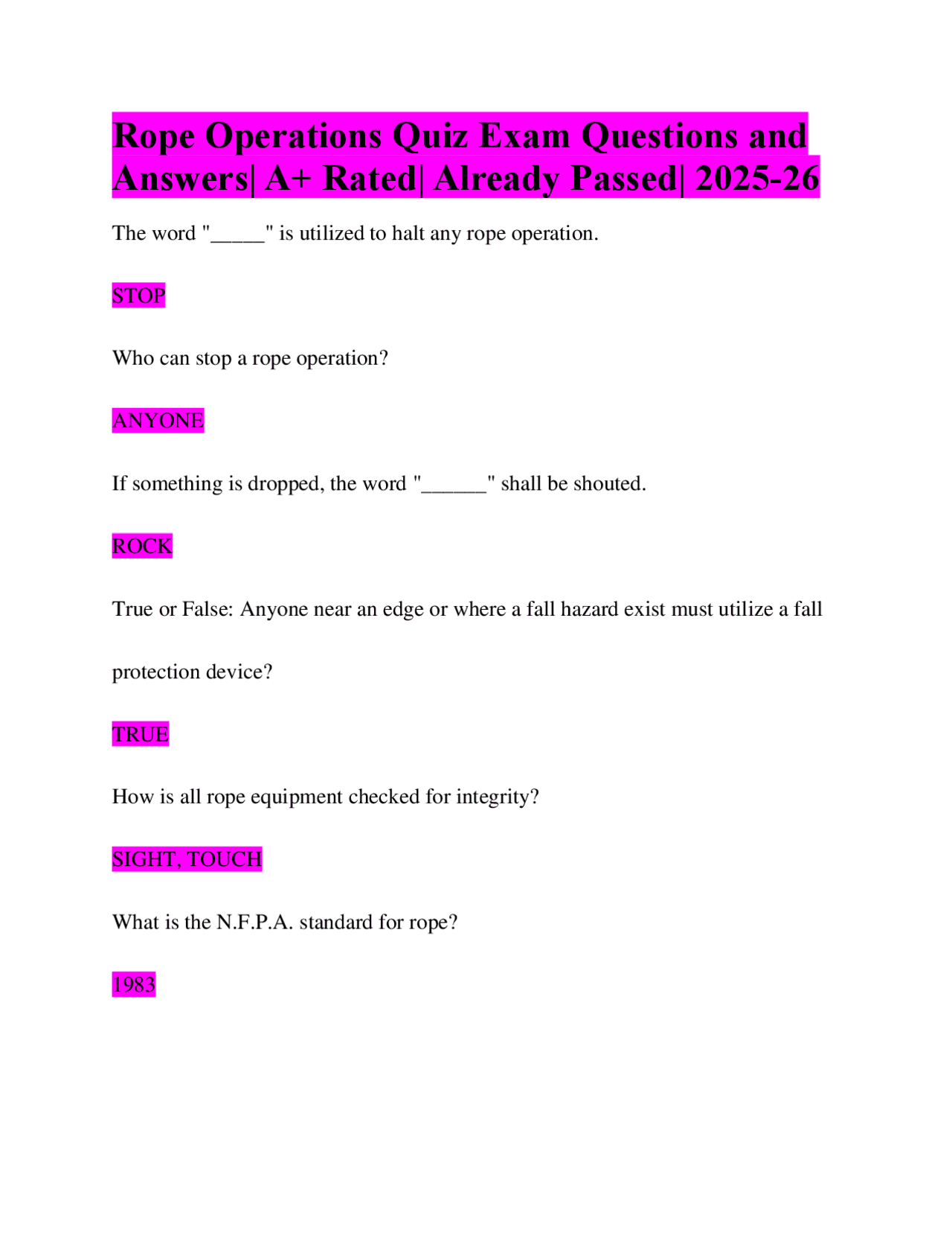 Rope Operations Quiz Exam Questions and Answers| A+ Rated| Already ...