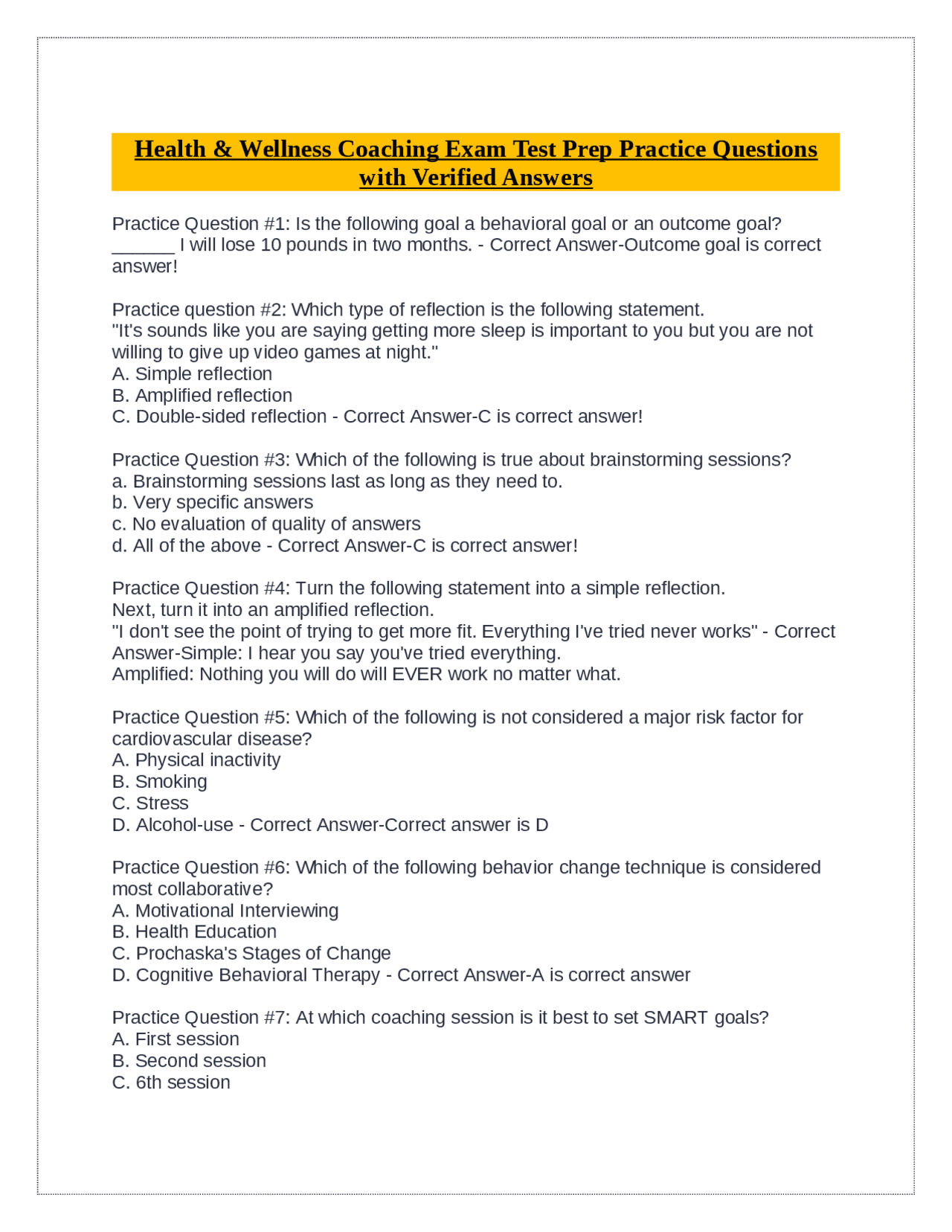 Health & Wellness Coaching Exam Test Prep Practice Questions with ...