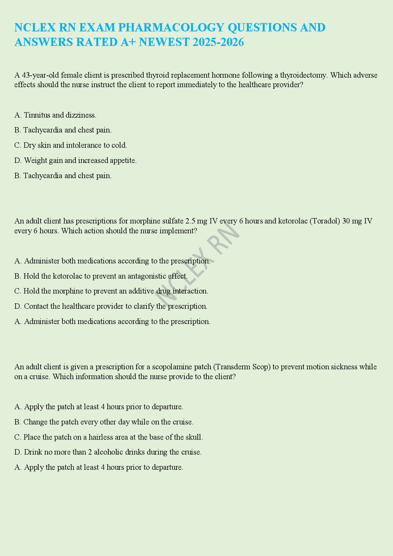 NCLEX RN EXAM PHARMACOLOGY QUESTIONS AND ANSWERS RATED A+ NEWEST 2025 ...