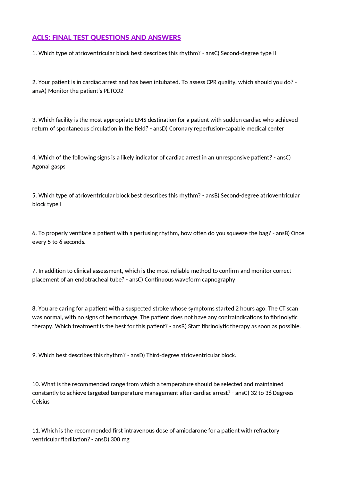 ACLS FINAL TEST QUESTIONS AND ANSWERS | Exercises Nursing | Docsity