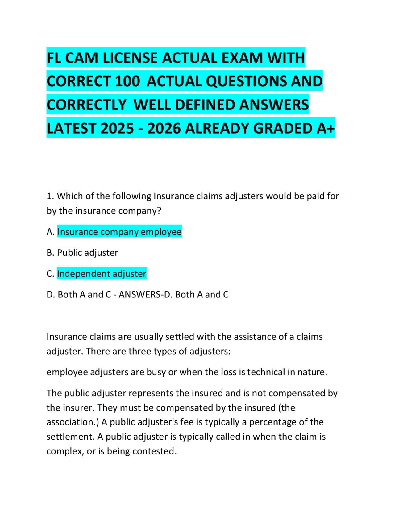 FL CAM LICENSE ACTUAL EXAM WITH CORRECT 100 ACTUAL QUESTIONS | Exams ...