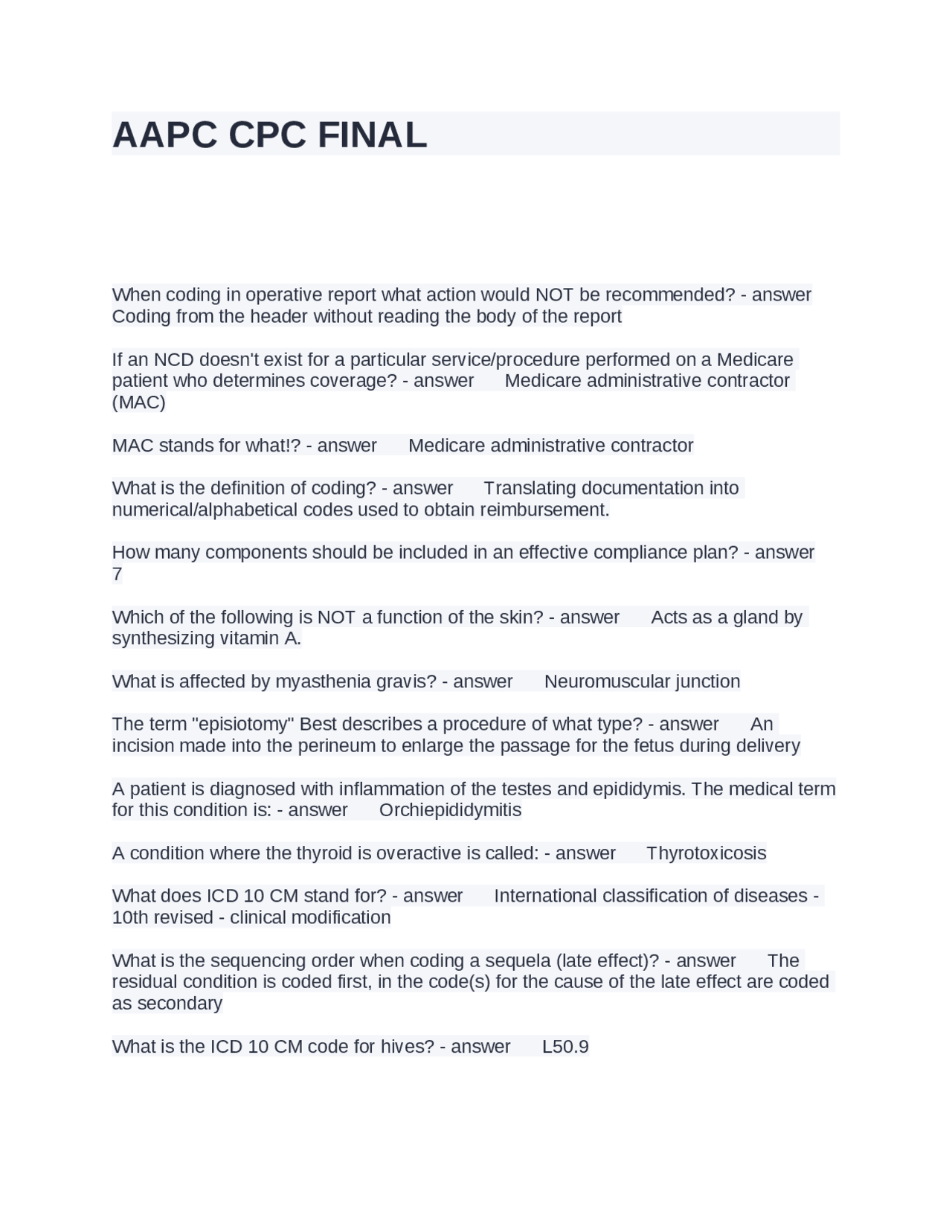 AAPC CPC FINAL QUESTIONS AND ANSWERS FULLY SOLVED | Exams Advanced ...