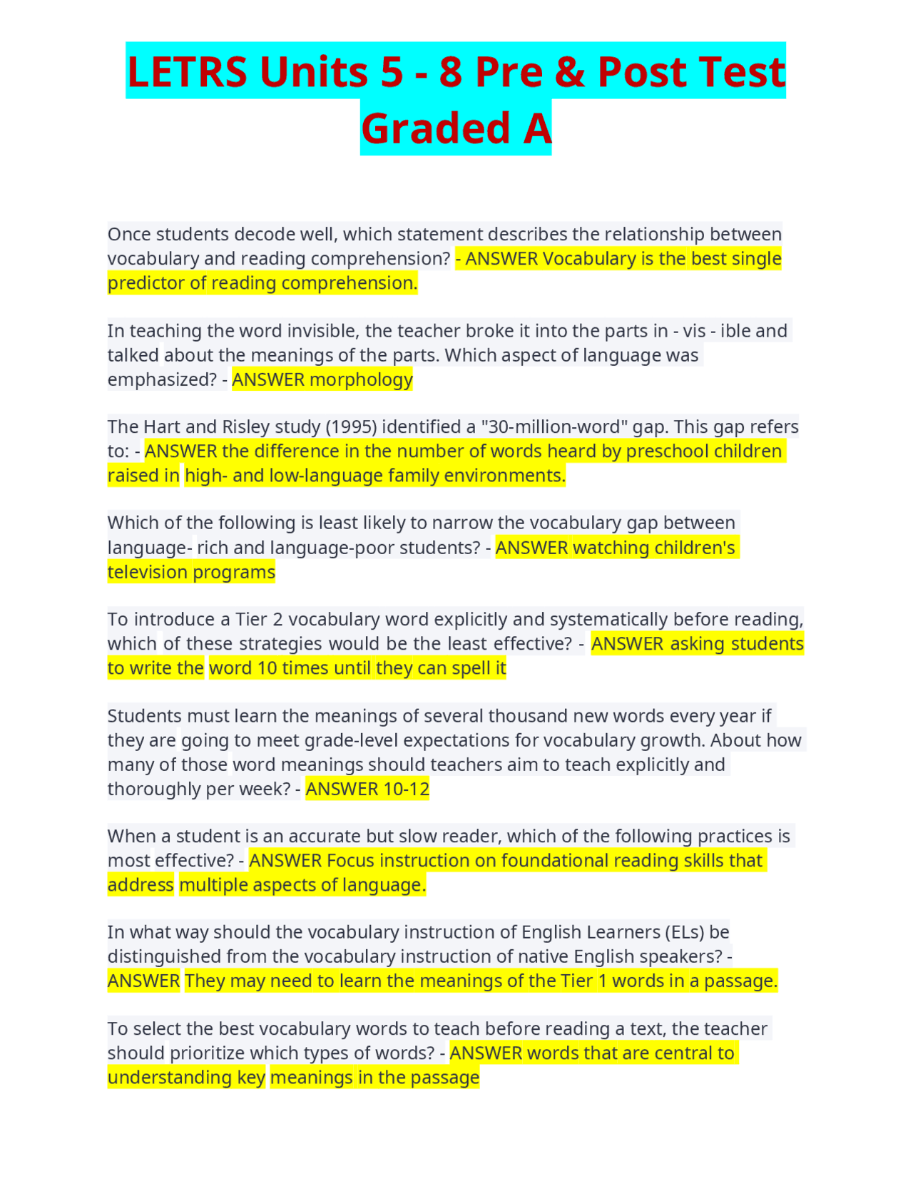 LETRS Units 5 - 8 Pre & Post Test Graded A | Exams Nursing | Docsity