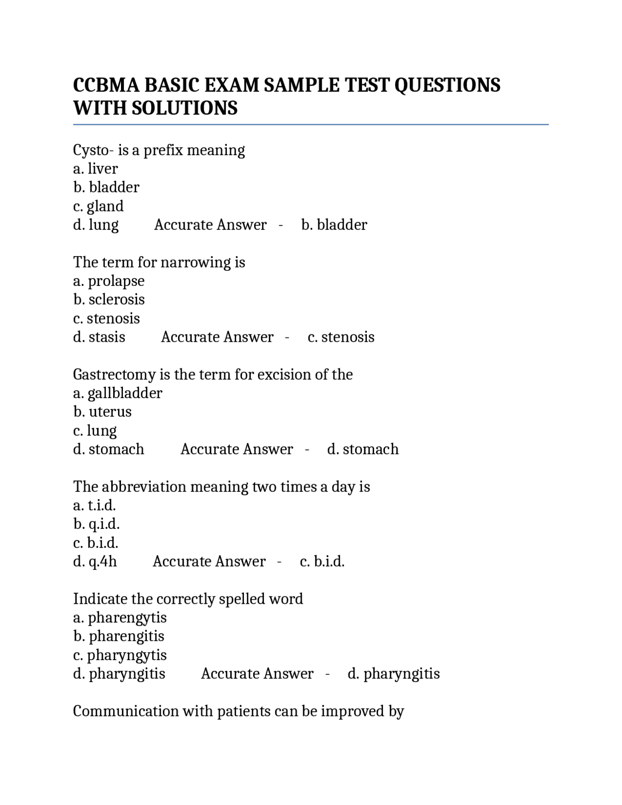 Medical Terminology Exam Questions with Solutions | Exams Medicine ...