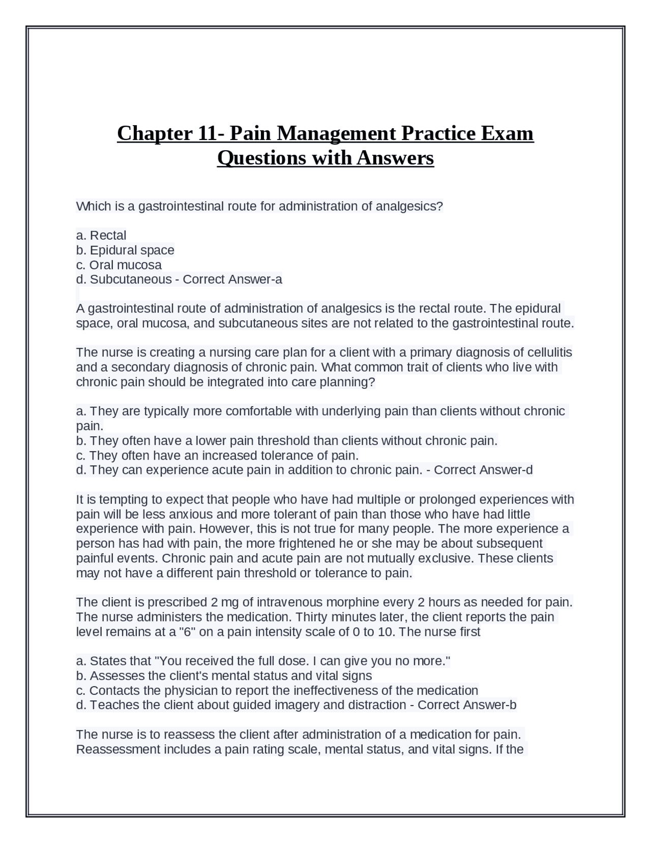 Chapter 11- Pain Management Practice Exam Questions with Answers ...