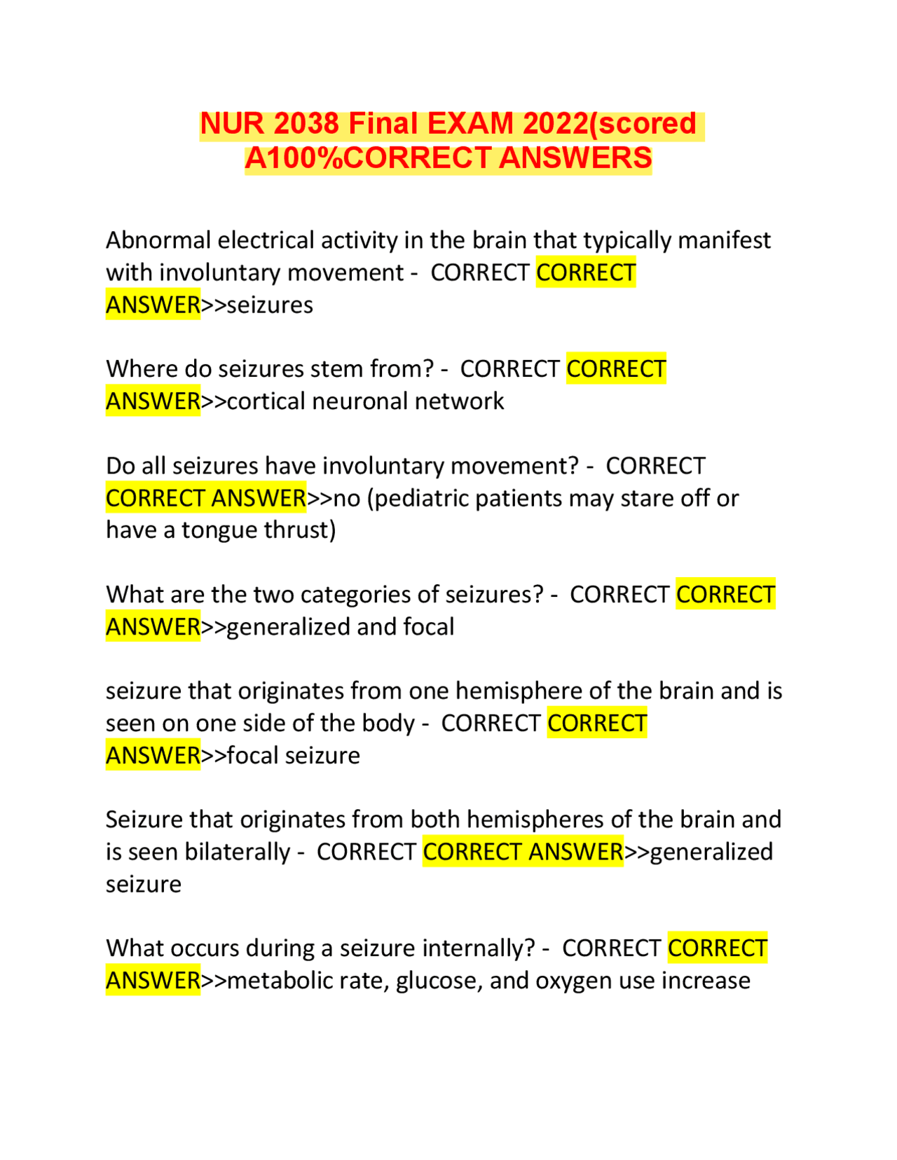 NUR 2038 Final EXAM 2022(scored A100%CORRECT ANSWERS | Exams Nursing ...