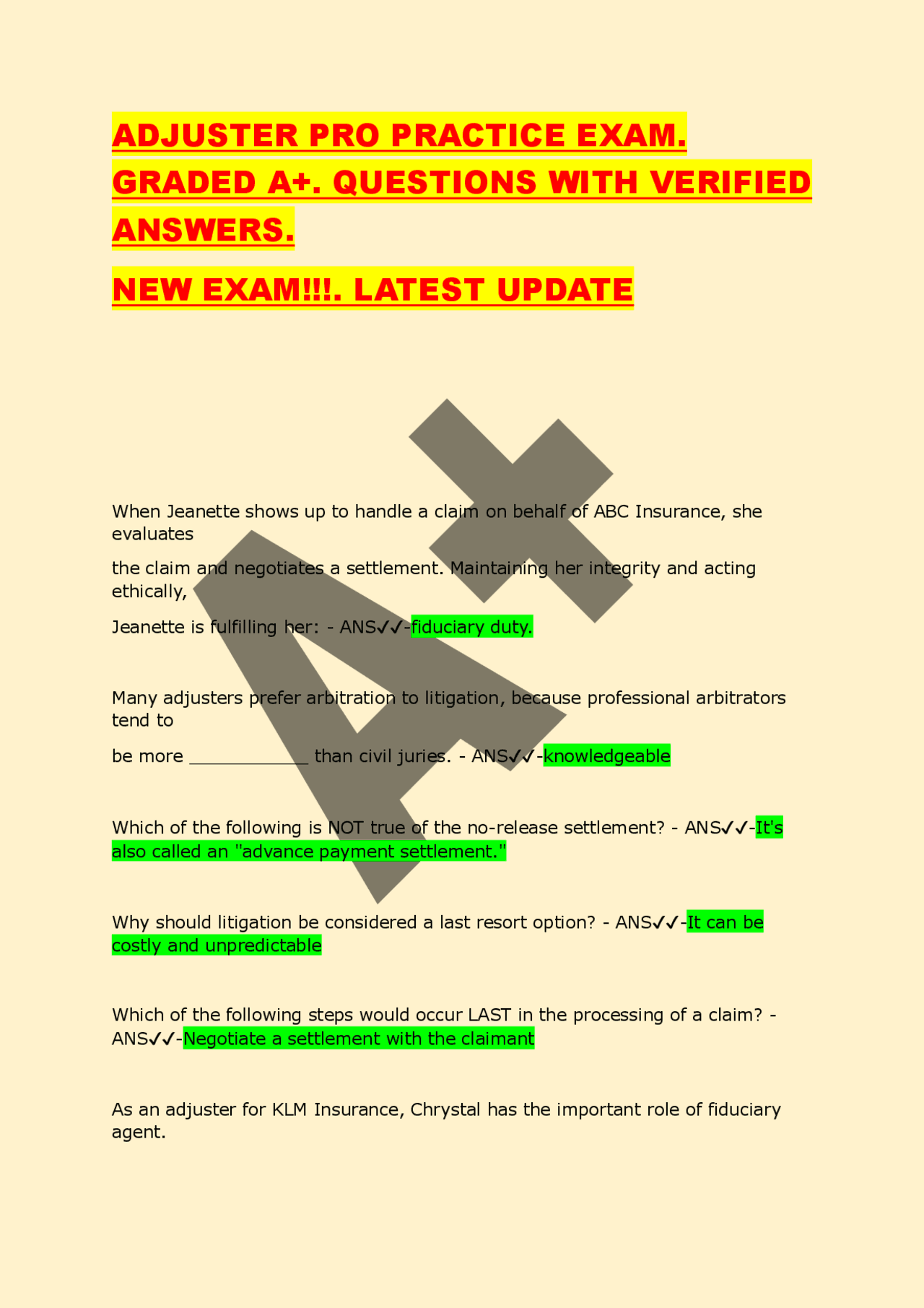 ADJUSTER PRO PRACTICE EXAM. GRADED A+. QUESTIONS WITH VERIFIED ANSWERS ...