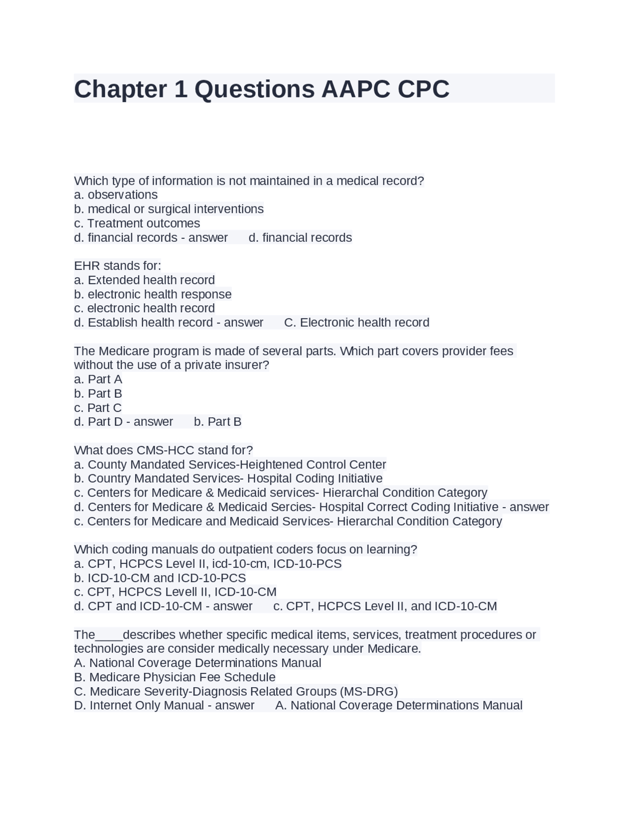 Medical Coding and Billing: AAPC CPC Chapter 1 Q&A | Exams Advanced ...
