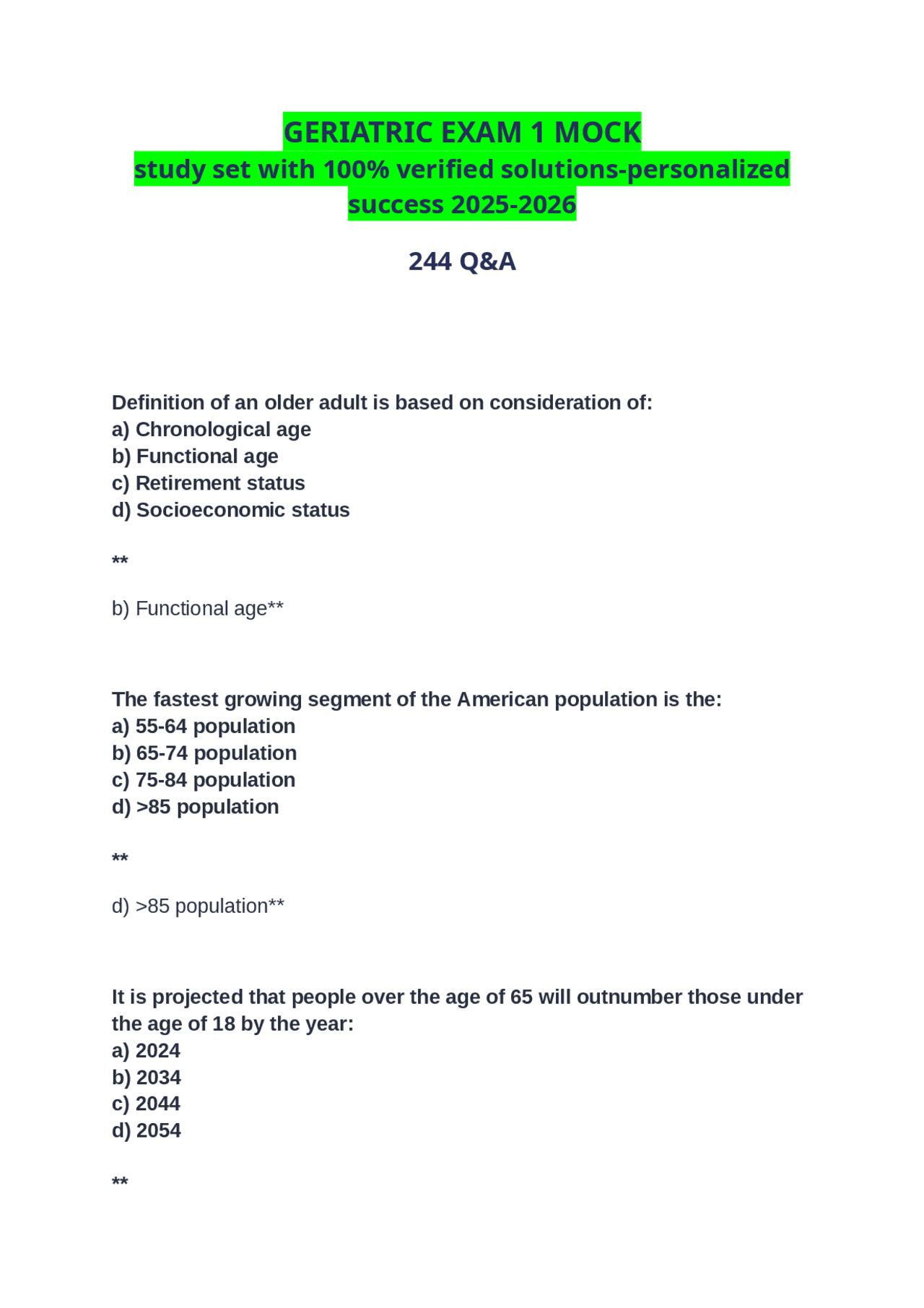 GERIATRIC EXAM 1 MOCK study set with 100% verified solutions ...
