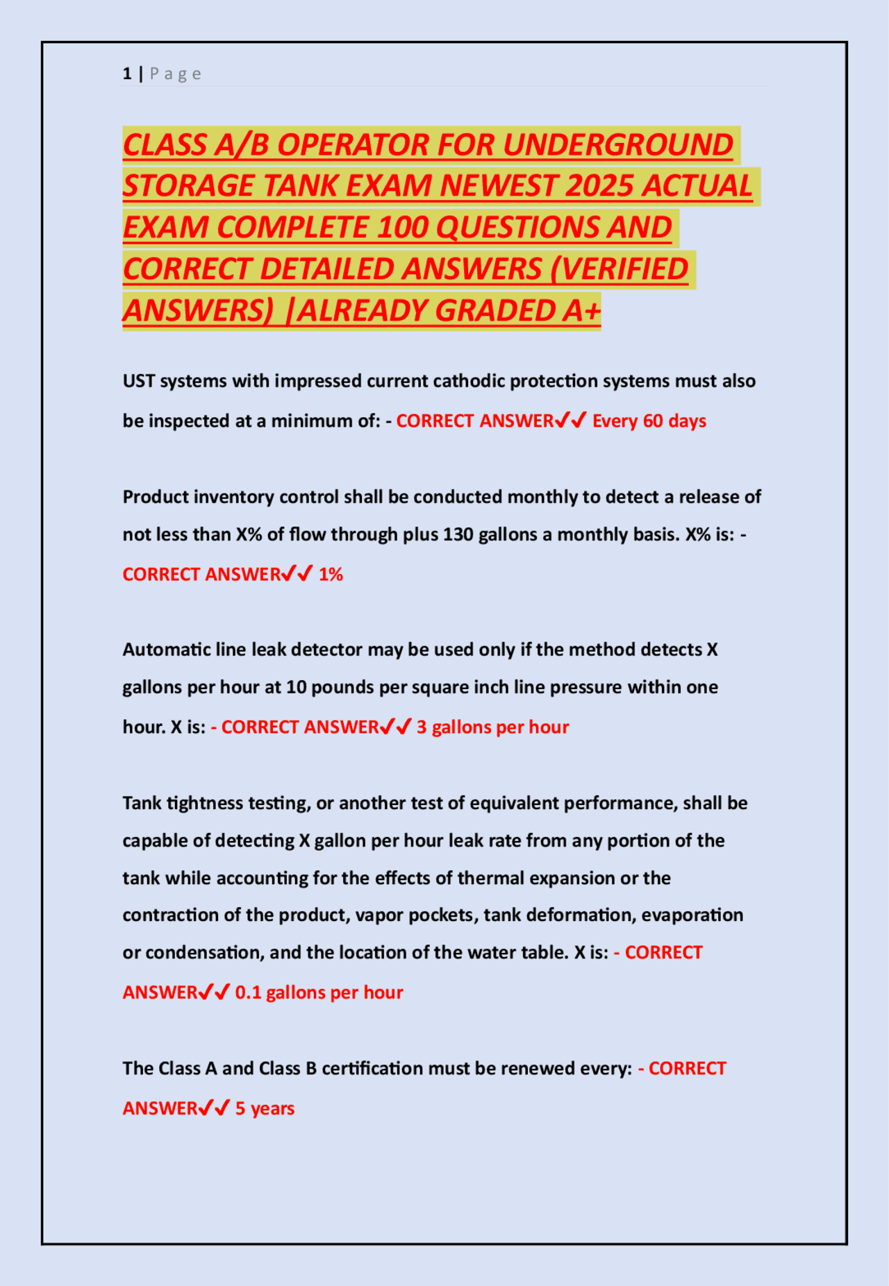 UST Class A/B Operator Exam Prep: 2025 Questions & Answers | Exams ...