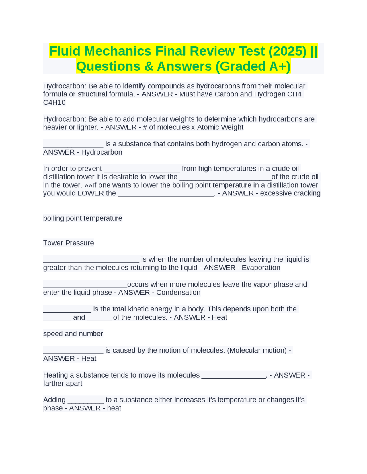Fluid Mechanics Final Review Test (2025) || Questions & Answers (Graded ...