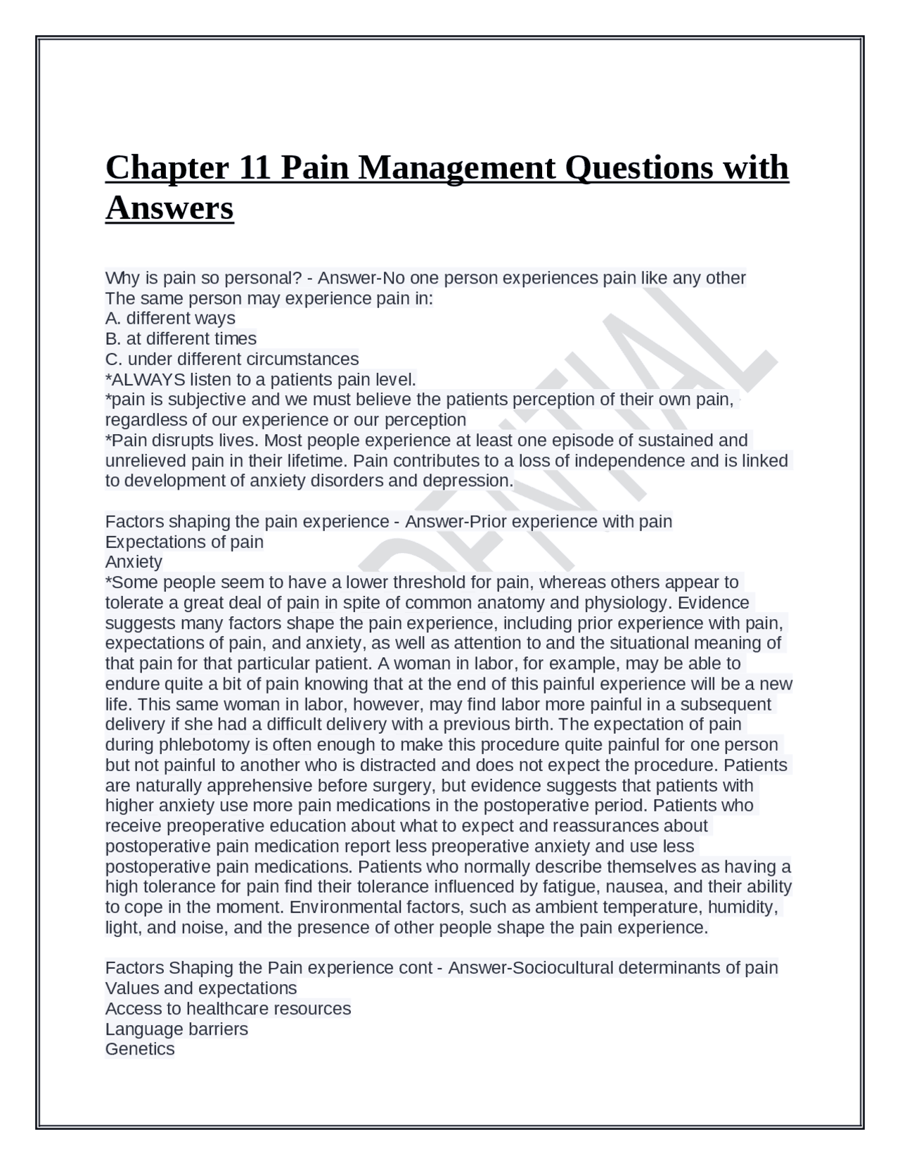 Chapter 11 Pain Management Questions with Answers | Exams Nursing | Docsity