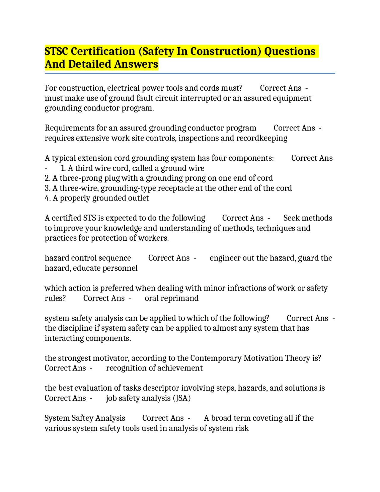 STSC Certification (Safety In Construction) Questions And Detailed ...