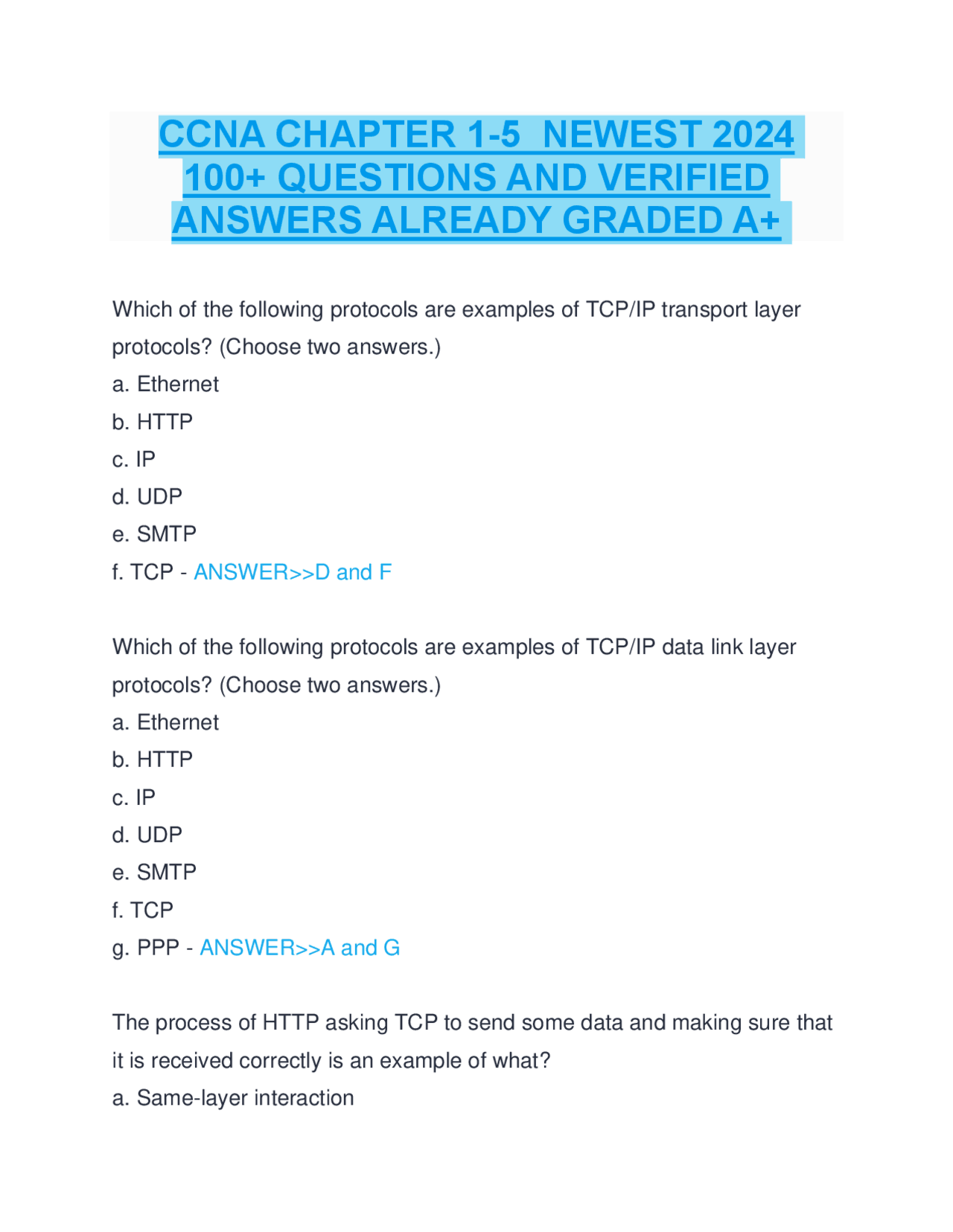 CCNA Exam Prep: 100+ Networking Questions and Answers | Exams Nursing | Docsity