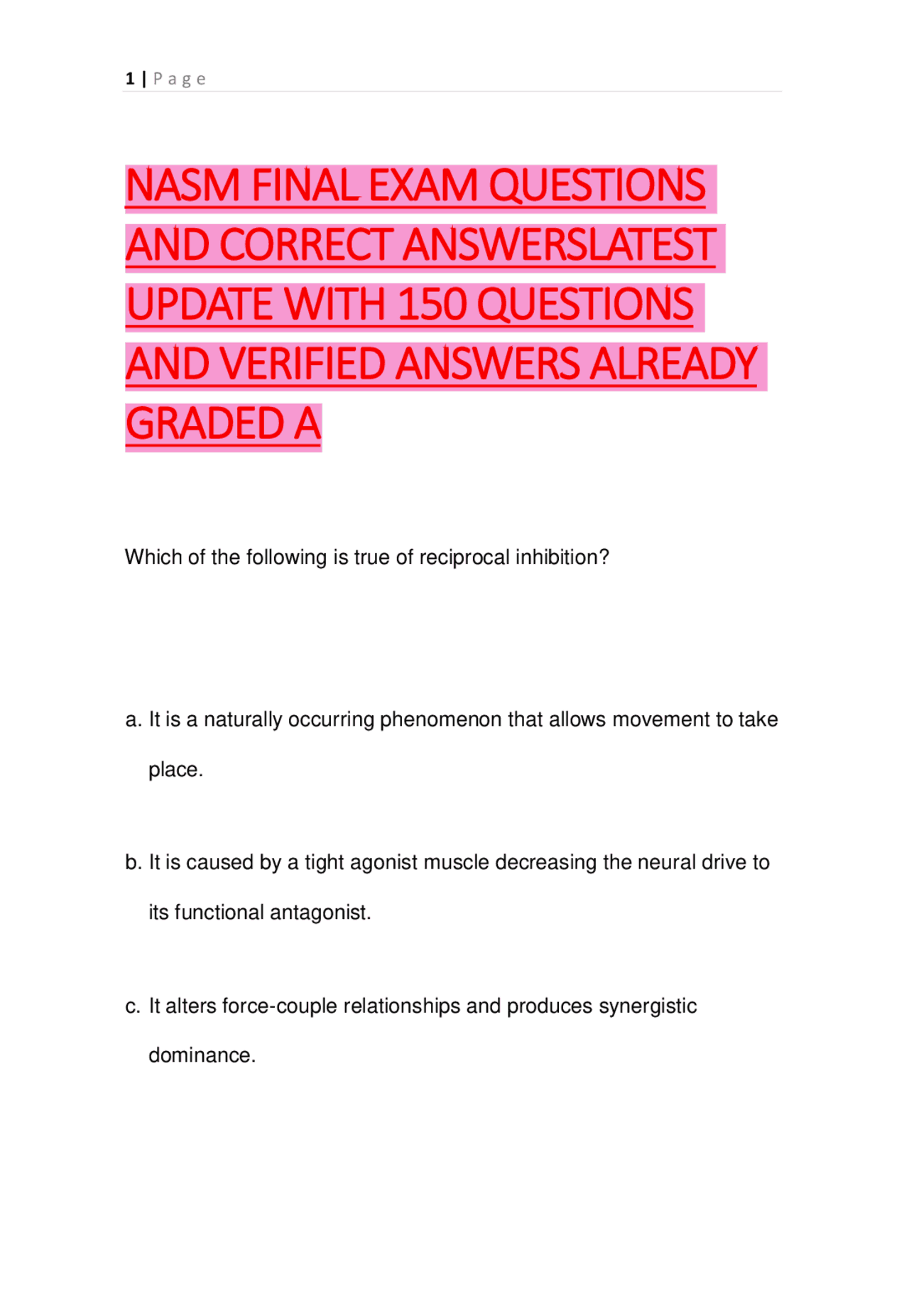 NASM FINAL EXAM QUESTIONS AND CORRECT ANSWERSLATEST UPDATE WITH 150 ...