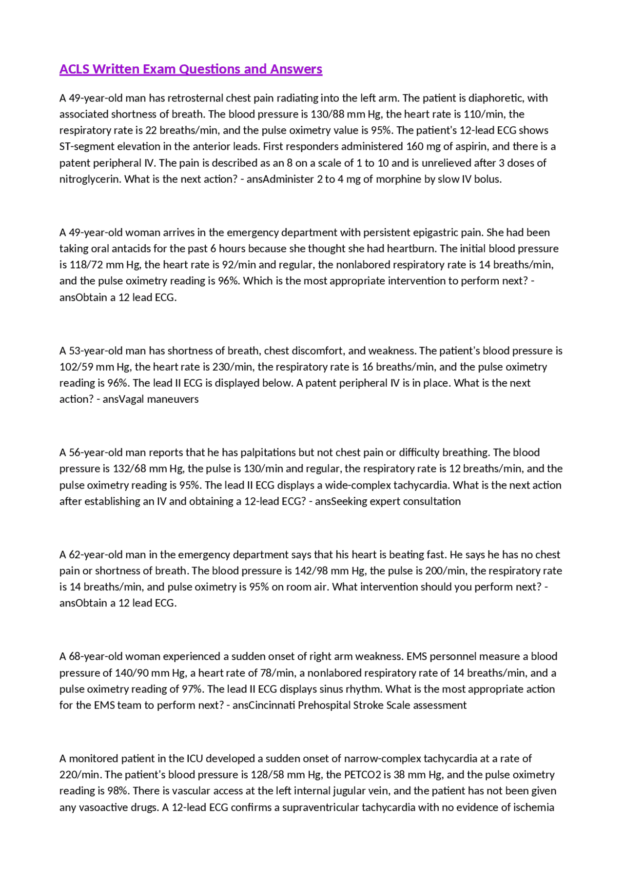 ACLS Written Exam Questions and Answers | Exercises Nursing | Docsity