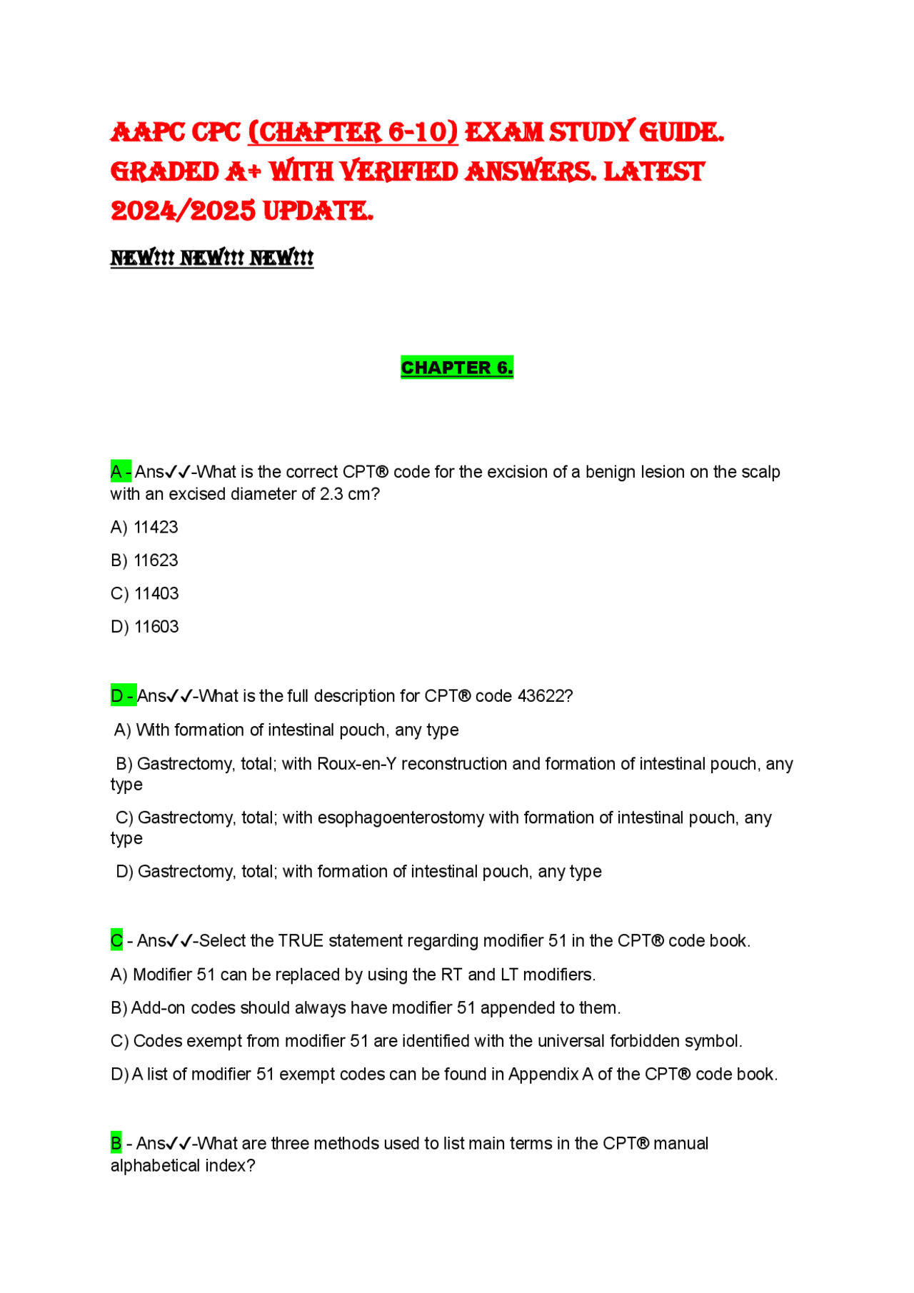 AAPC CPC (CHAPTER 6-10) EXAM STUDY GUIDE. GRADED A+ WITH VERIFIED ...