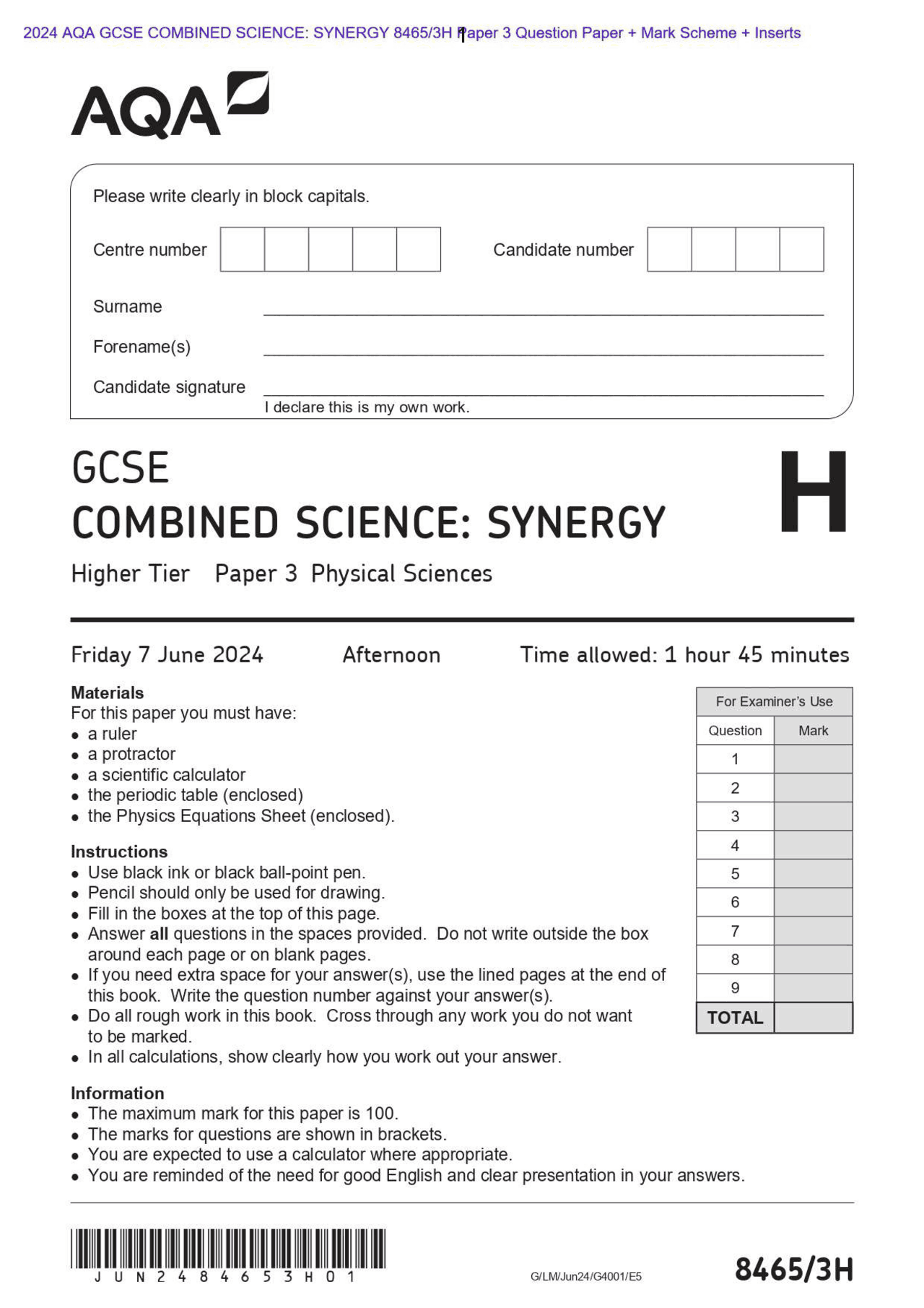 2024 AQA GCSE COMBINED SCIENCE: SYNERGY 8465/3H Paper 3 Question Paper + Mark Scheme + In ...