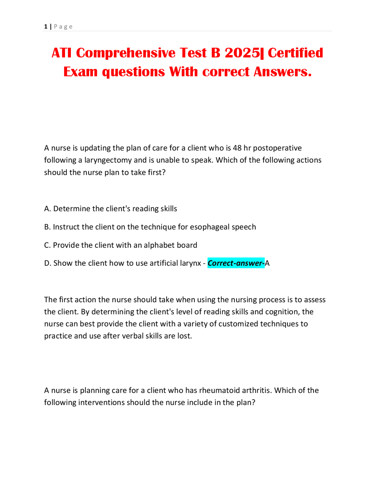 ATI Comprehensive Test B 2025| Certified Exam questions With correct ...