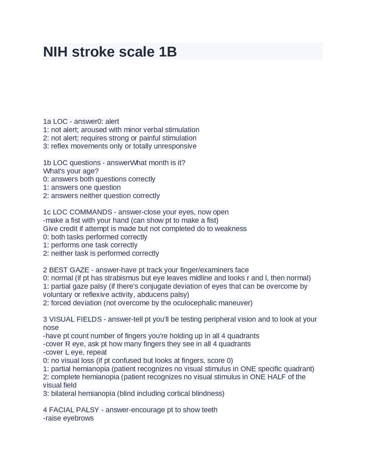 NIH stroke scale 1B Questions and Answers 100% Solved | Exams Advanced ...