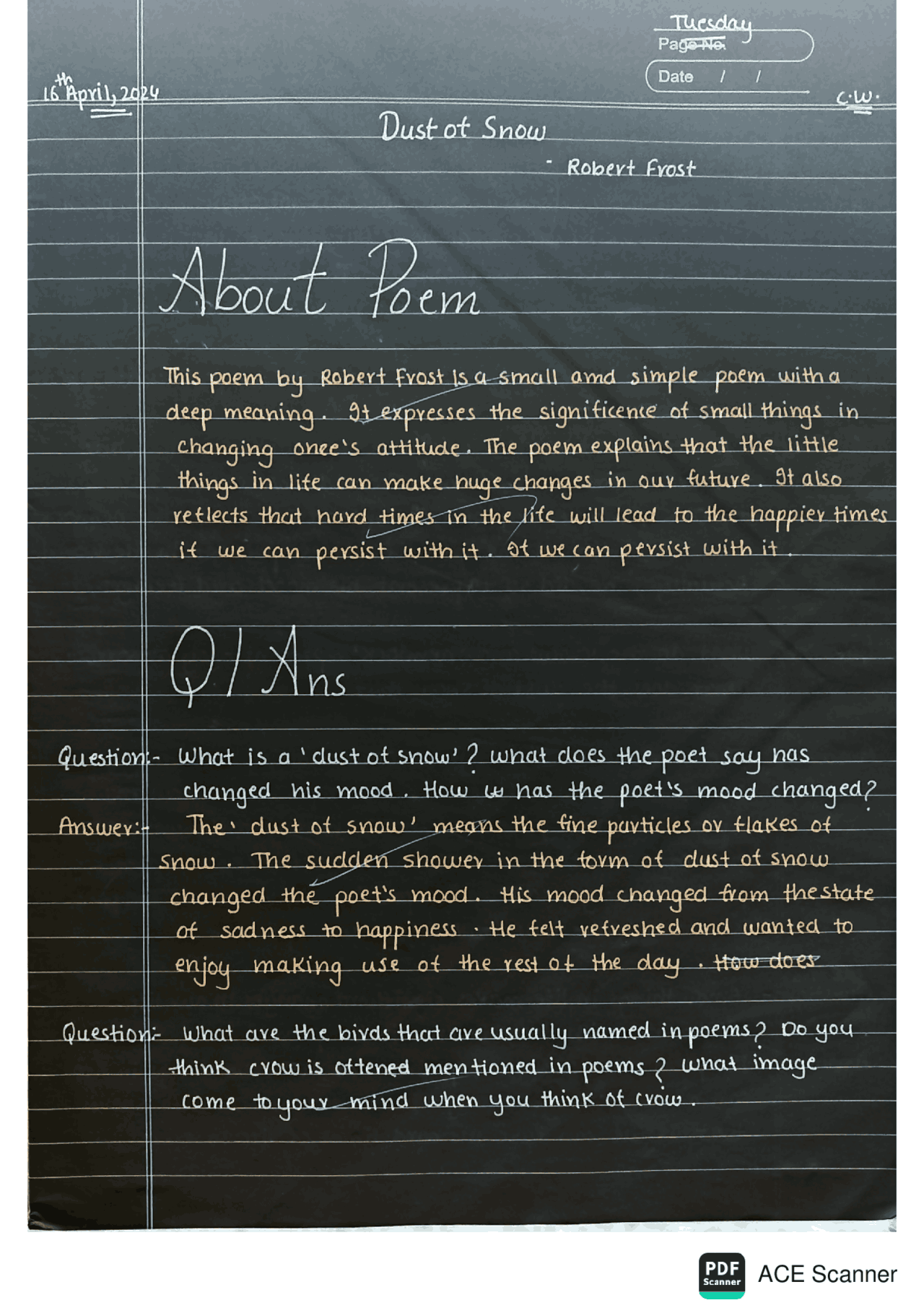 Dust of Snow poem question answers + summary ( ncert ) | Exercises ...