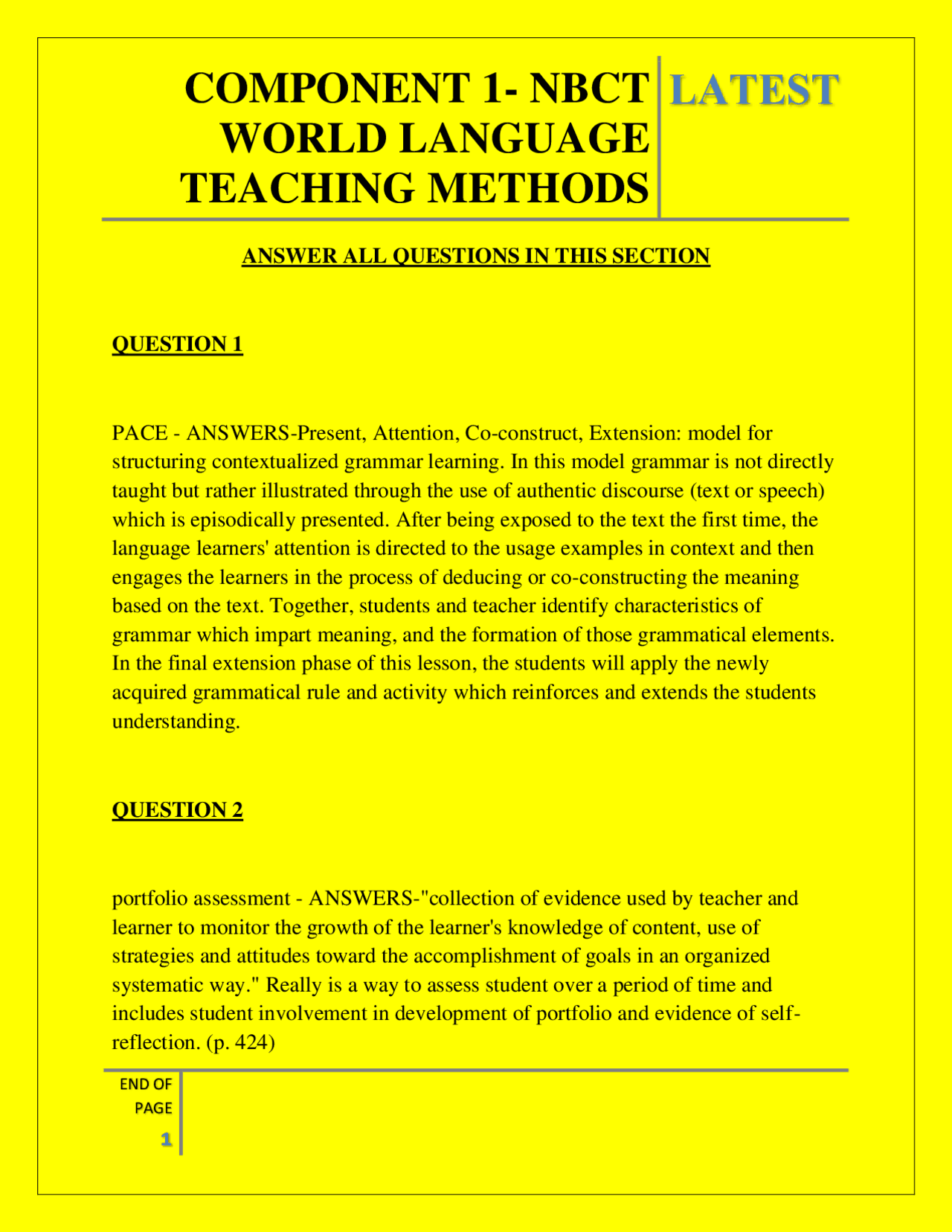 COMPONENT 1- NBCT WORLD LANGUAGE TEACHING METHODS QUESTIONS AND ANSWERS 2025 | Exams Teaching ...