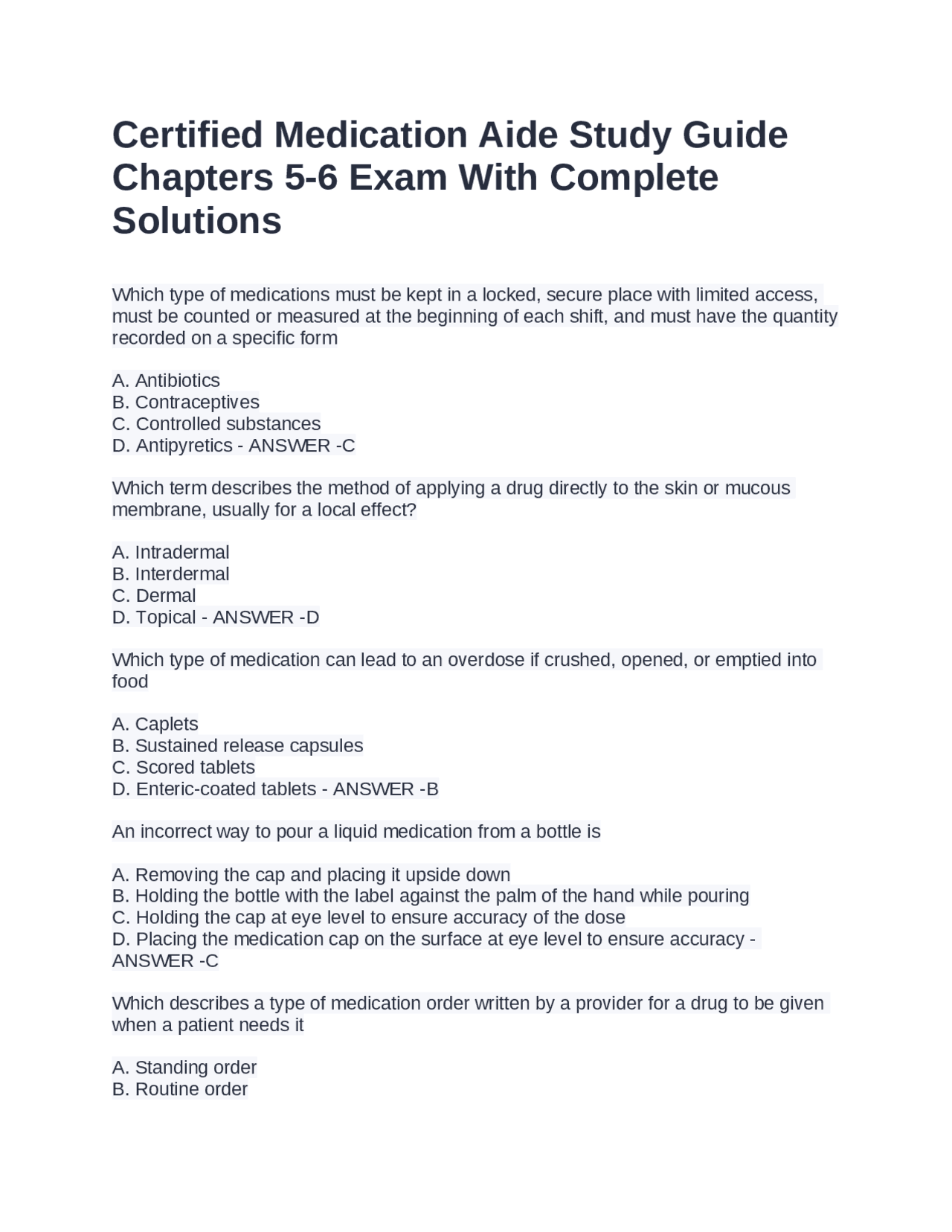 Certified Medication Aide Study Guide Chapters 5-6 Exam With Complete ...