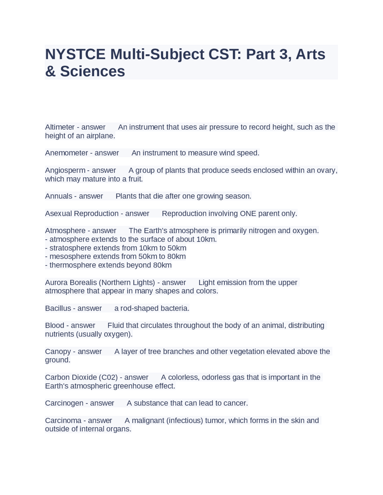 NYSTCE Multi-Subject CST Part 3, Arts & Sciences Questions with Correct ...