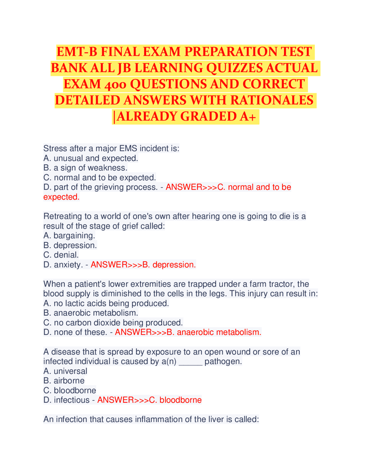EMT-B FINAL EXAM PREPARATION TEST BANK ALL JB LEARNING QUIZZES ACTUAL ...