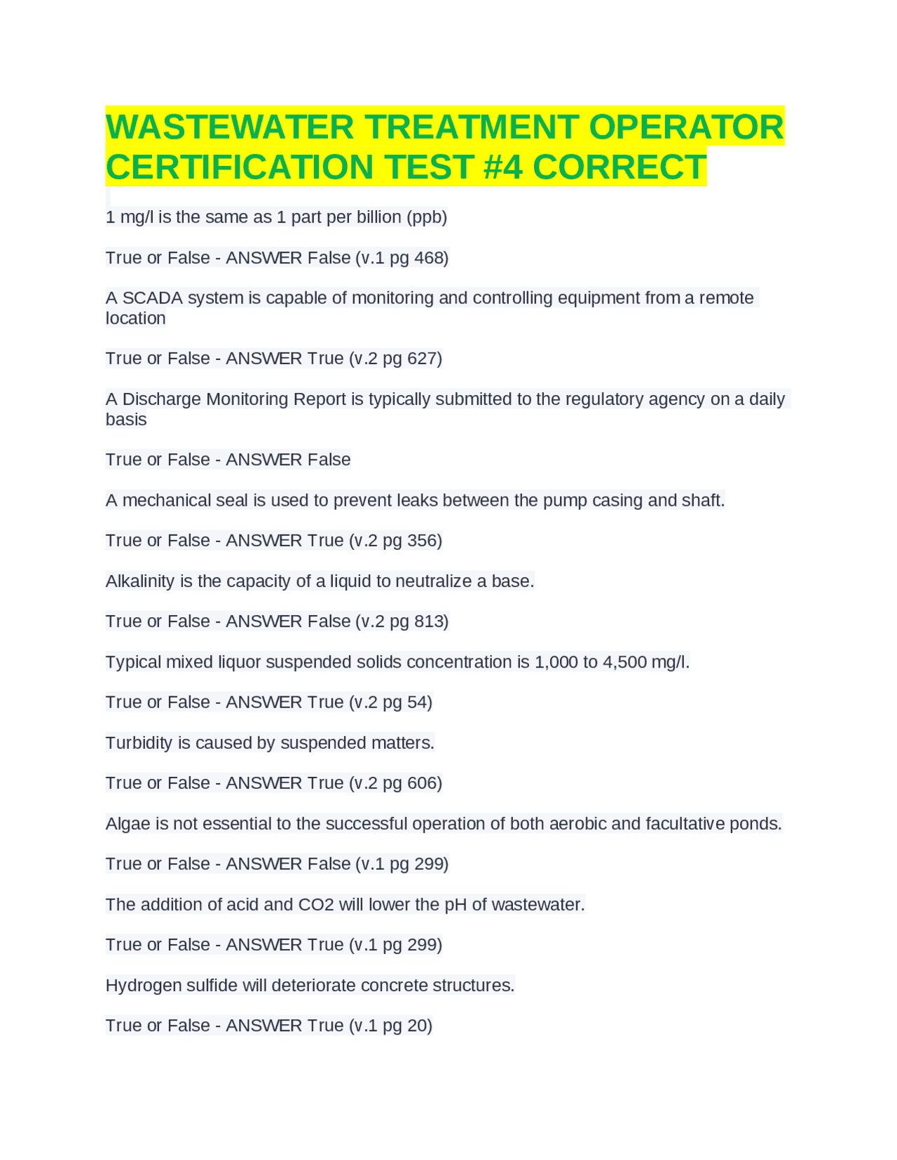 WASTEWATER TREATMENT OPERATOR CERTIFICATION TEST #4 CORRECT | Exams ...