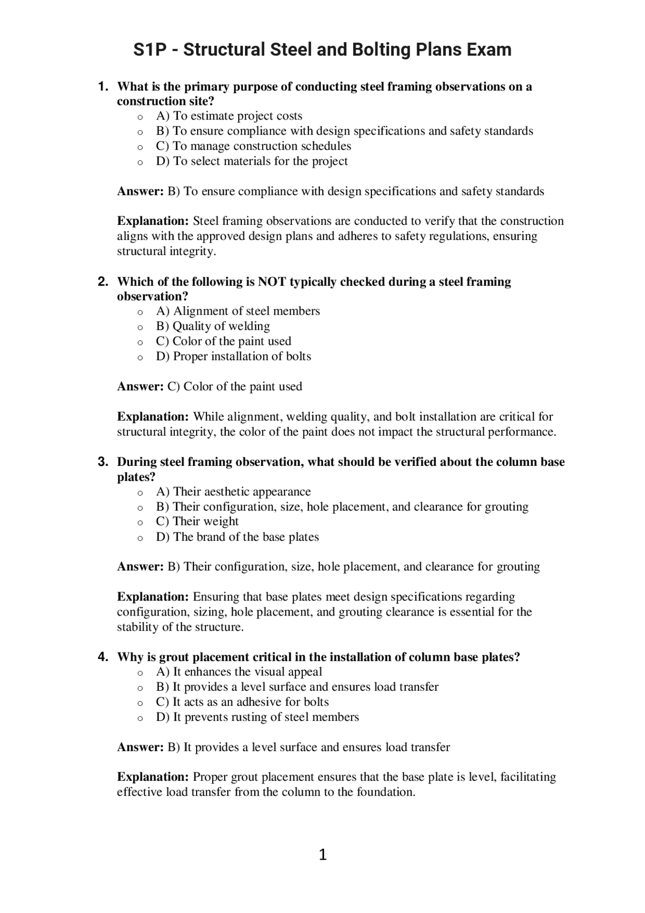 S1P - Structural Steel and Bolting Plans Exam | Exams Technology | Docsity