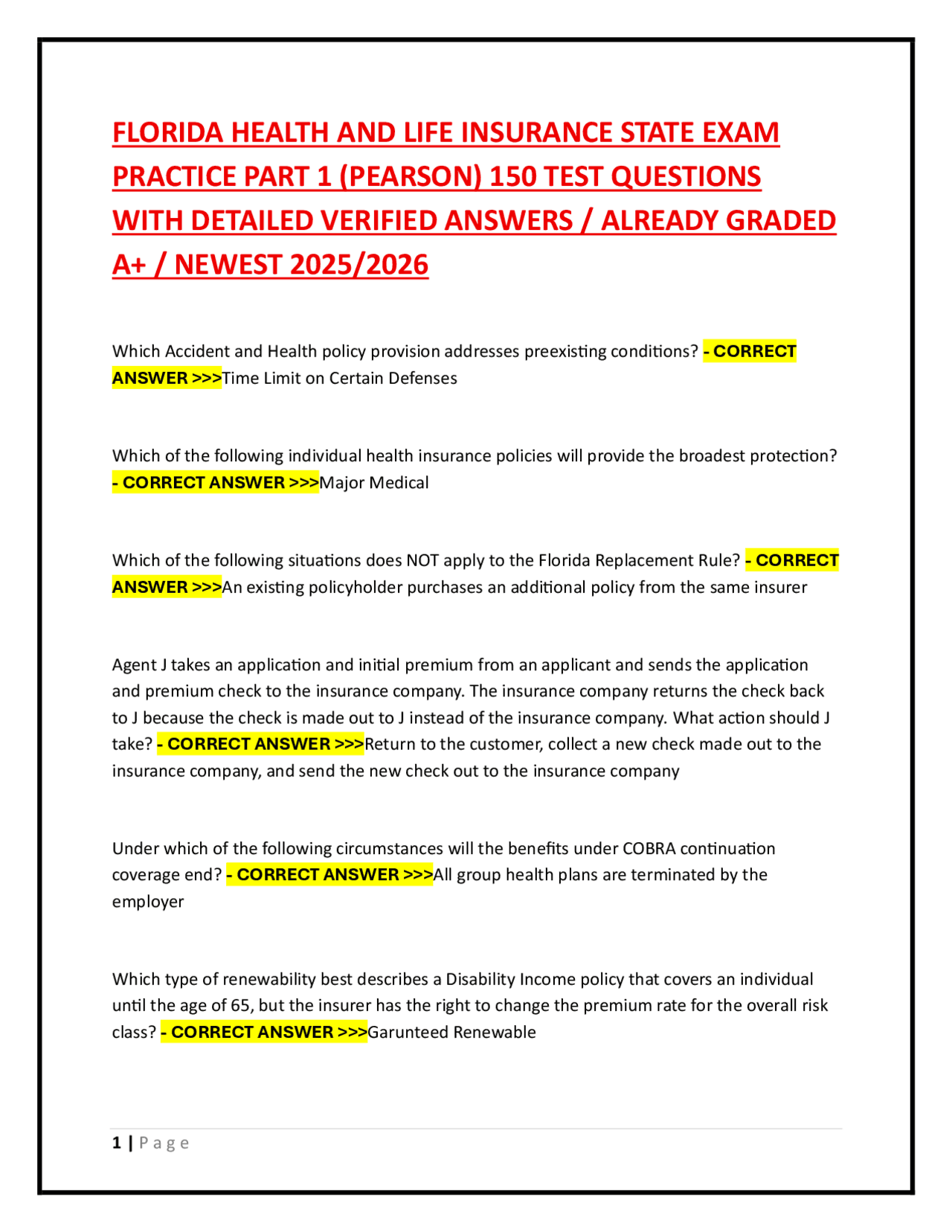 FLORIDA HEALTH AND LIFE INSURANCE STATE EXAM PRACTICE PART 1 (PEARSON ...