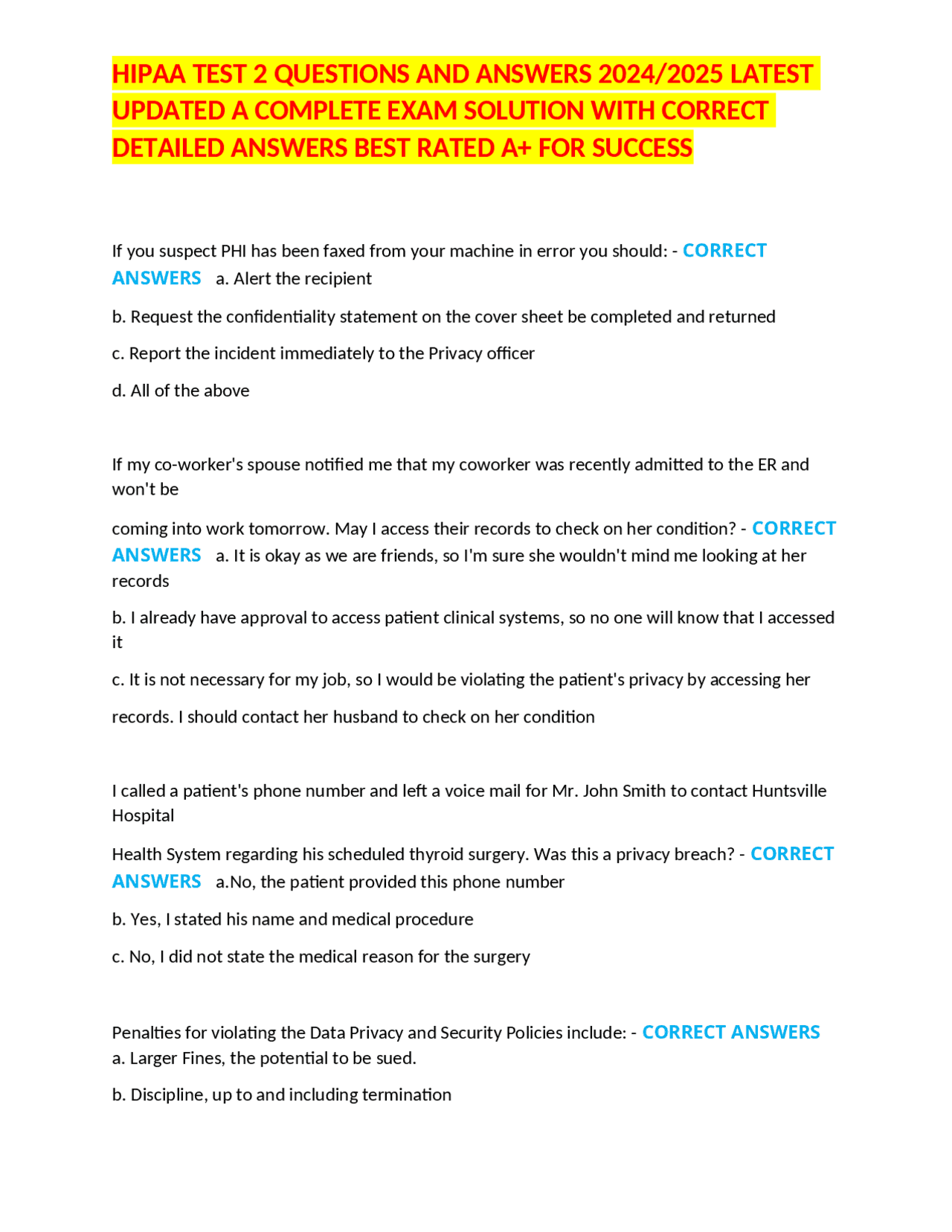 HIPAA TEST 2 QUESTIONS AND ANSWERS 2024/2025 LATEST UPDATED A COMPLETE ...