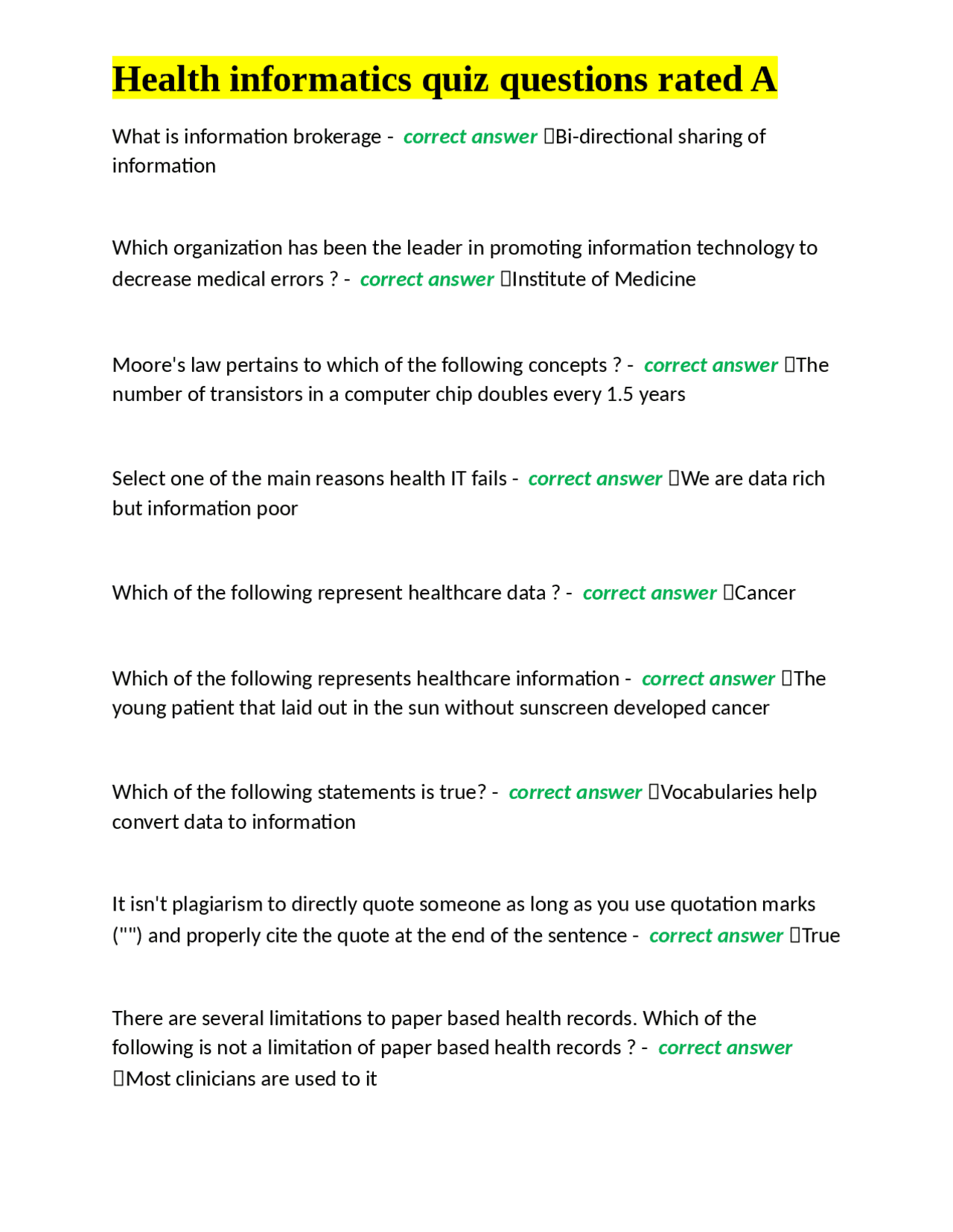 Health informatics quiz questions rated A | Exams Nursing | Docsity