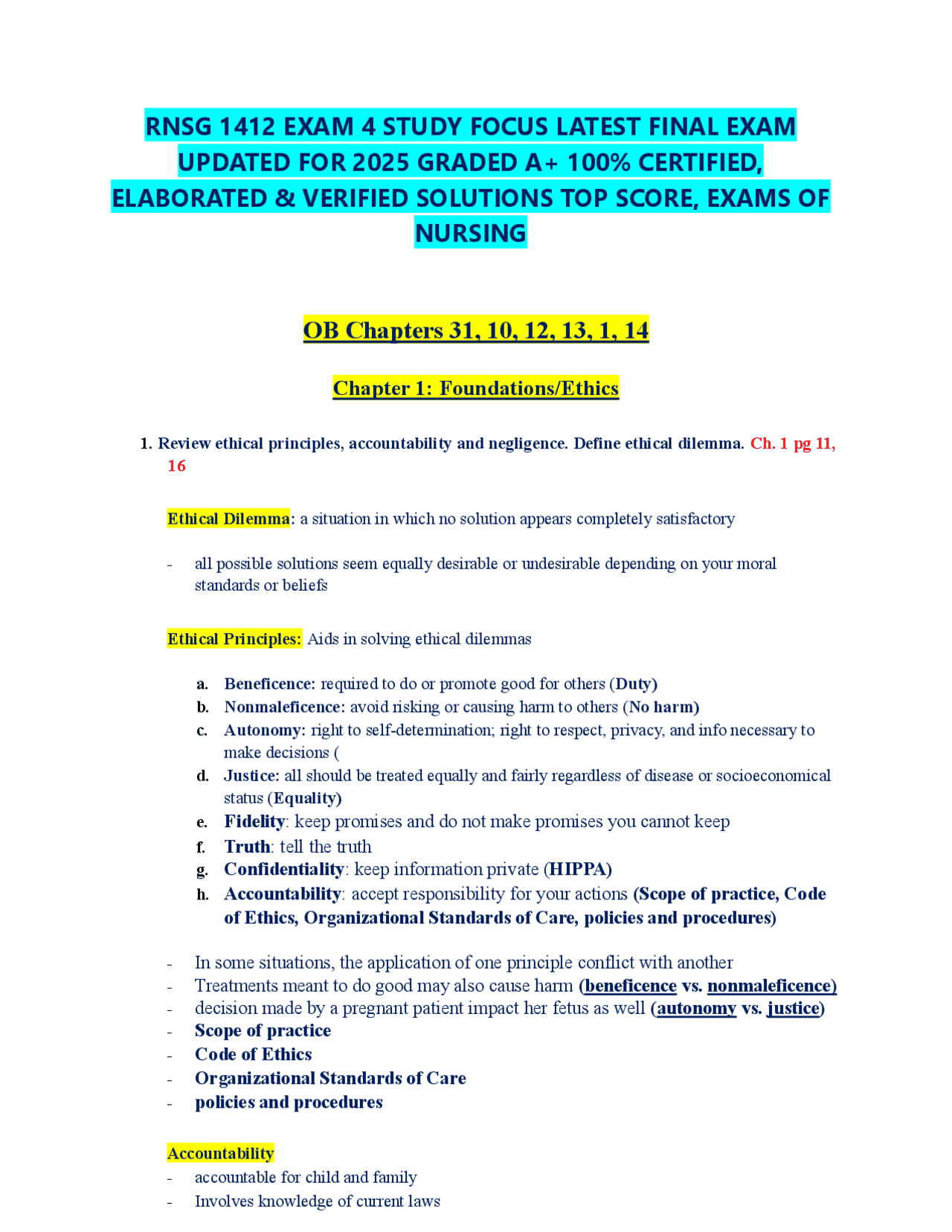 RNSG 1412 EXAM 4 STUDY FOCUS LATEST FINAL EXAM UPDATED FOR 2025 GRADED ...