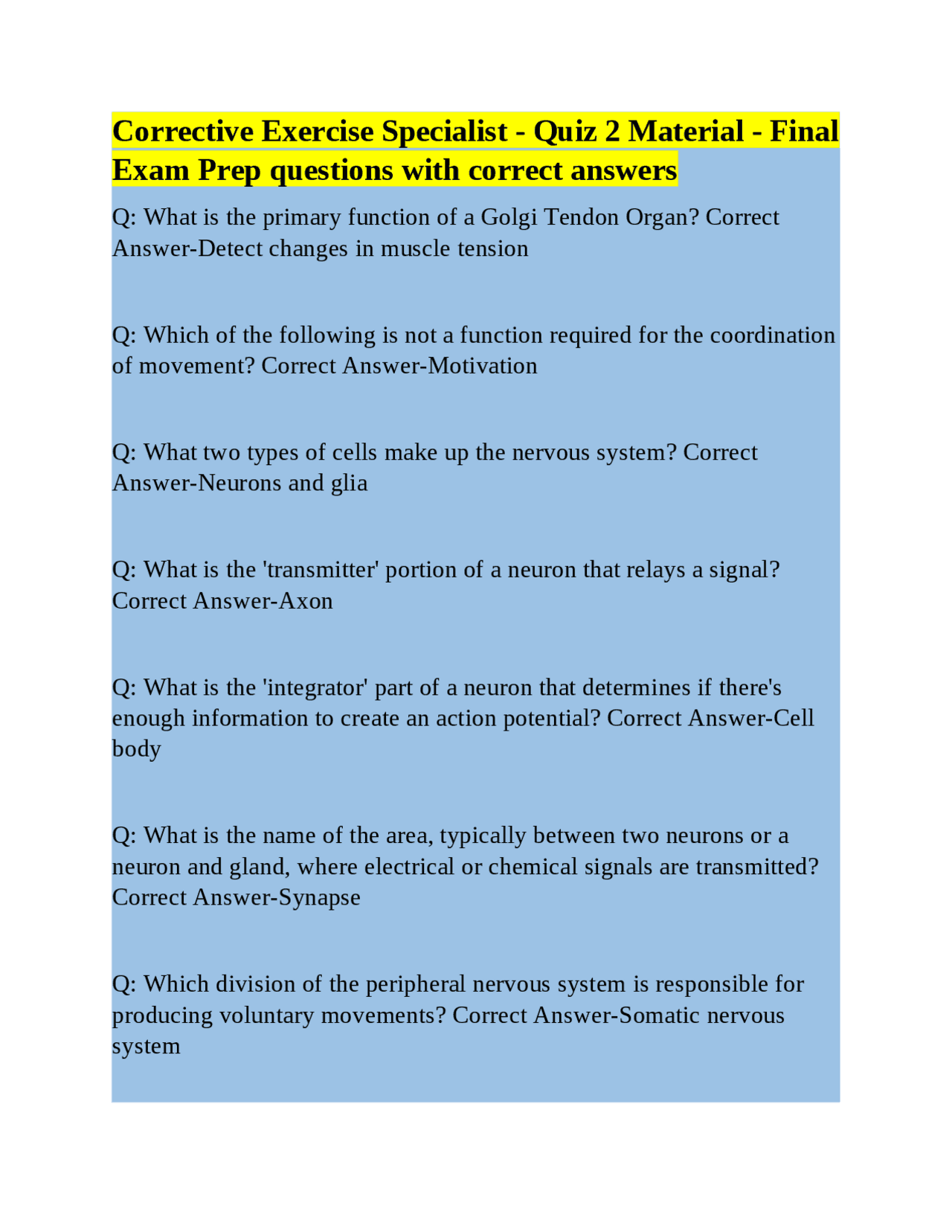 Corrective Exercise Specialist - Quiz 2 Material - Final Exam Prep ...