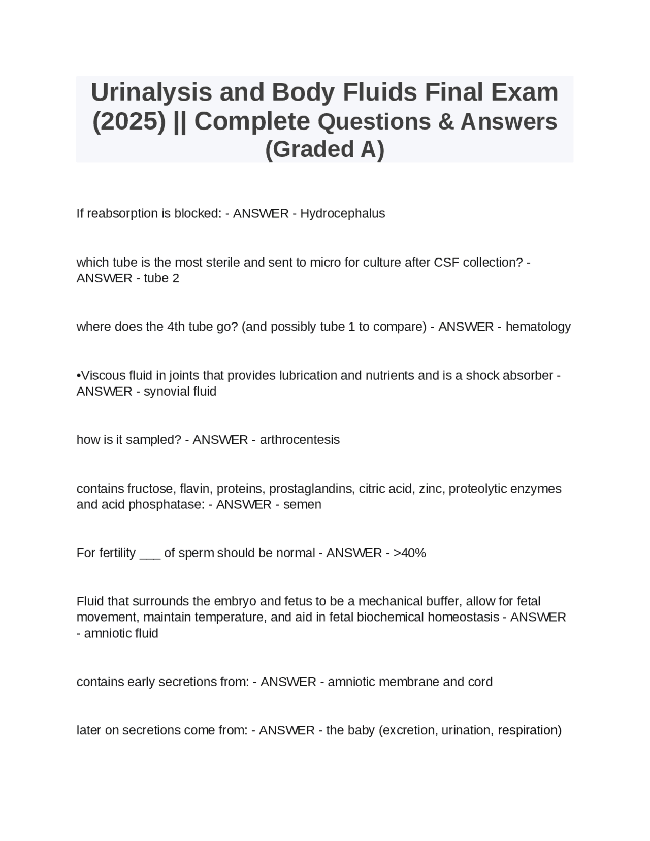 Urinalysis and Body Fluids Final Exam (2025) || Complete Questions & Answers (Graded A) | Exams ...