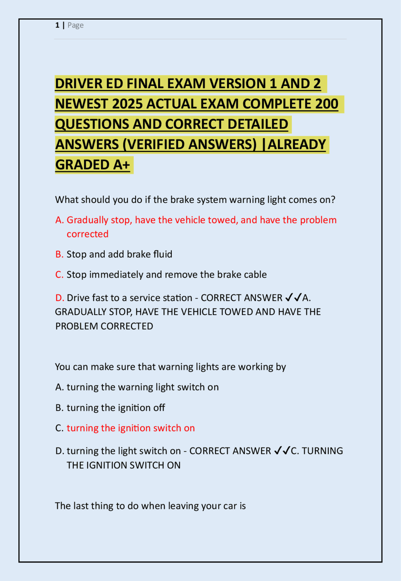 Driver Education Final Exam 2025: 200 Questions & Answers | Exams ...