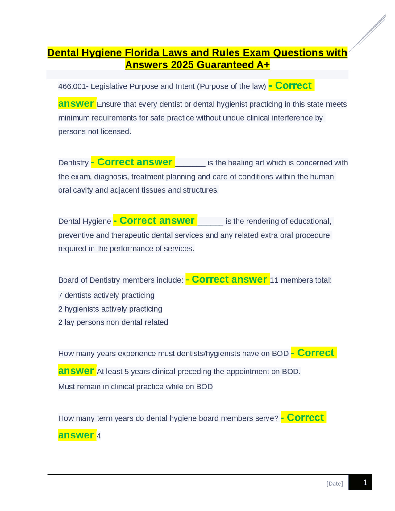 Dental Hygiene Florida Laws and Rules Exam Questions with Answers 2025 ...