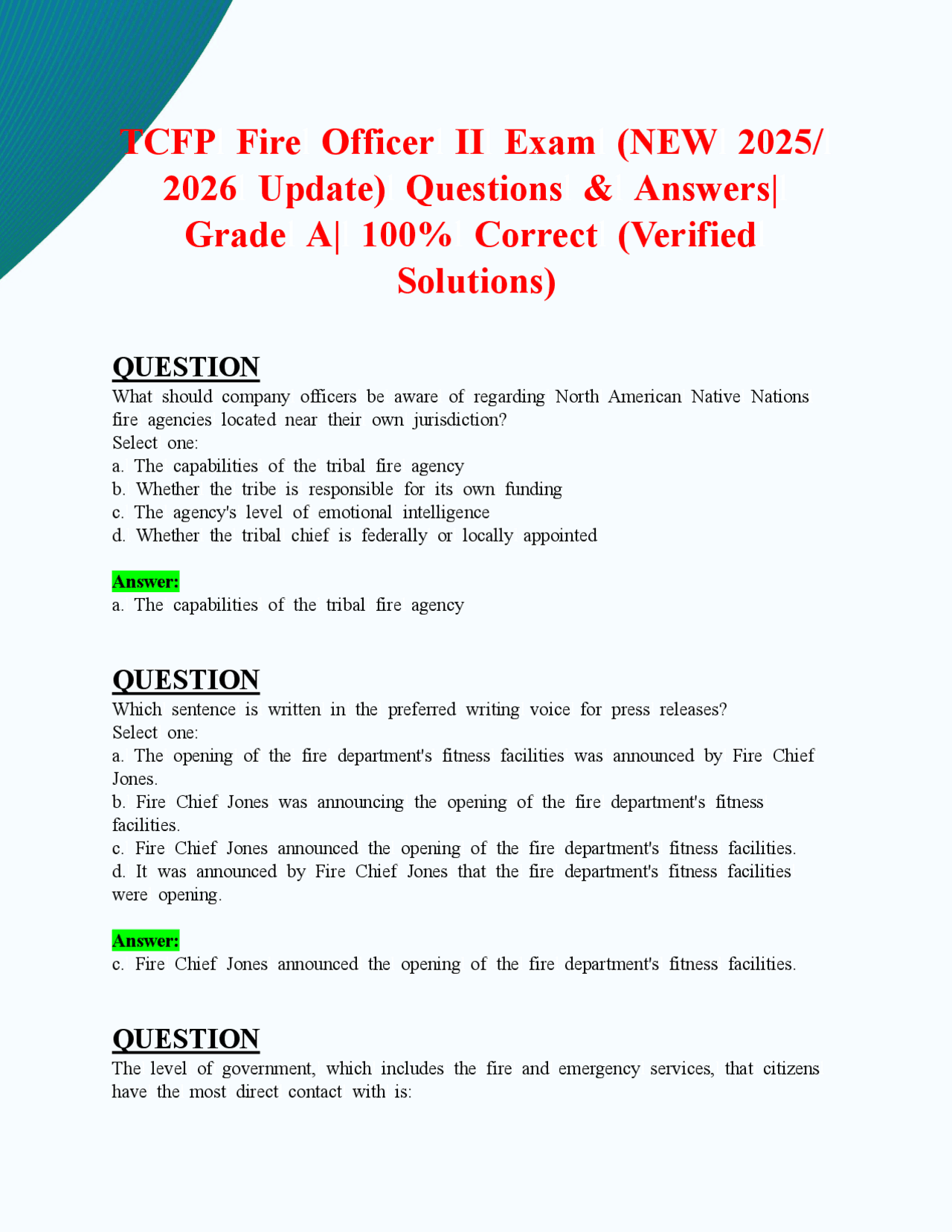 TCFP Fire Officer II Exam (NEW 2025/2026 Update) Questions & Answers ...