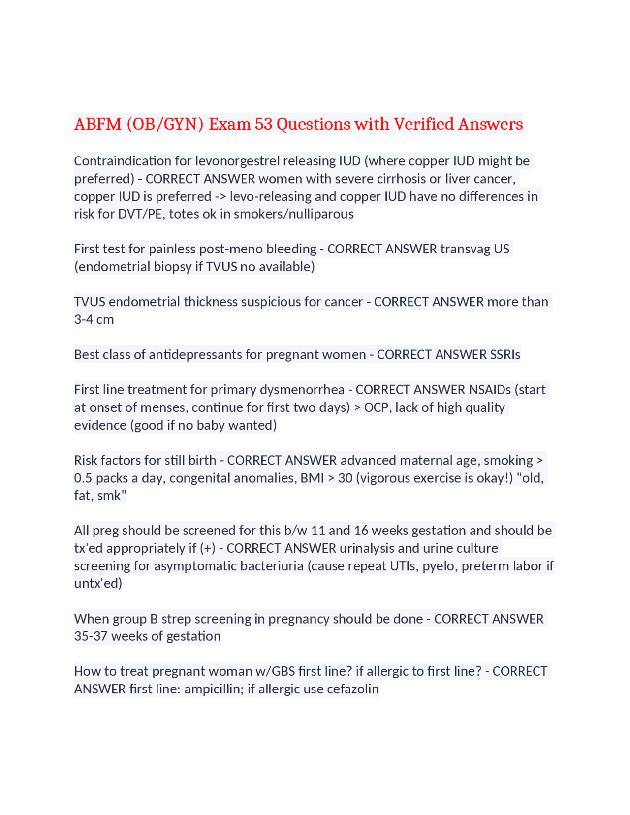 ABFM (OB/GYN) Exam 53 Questions with Verified Answers,100%CORRECT | Exams Nursing | Docsity