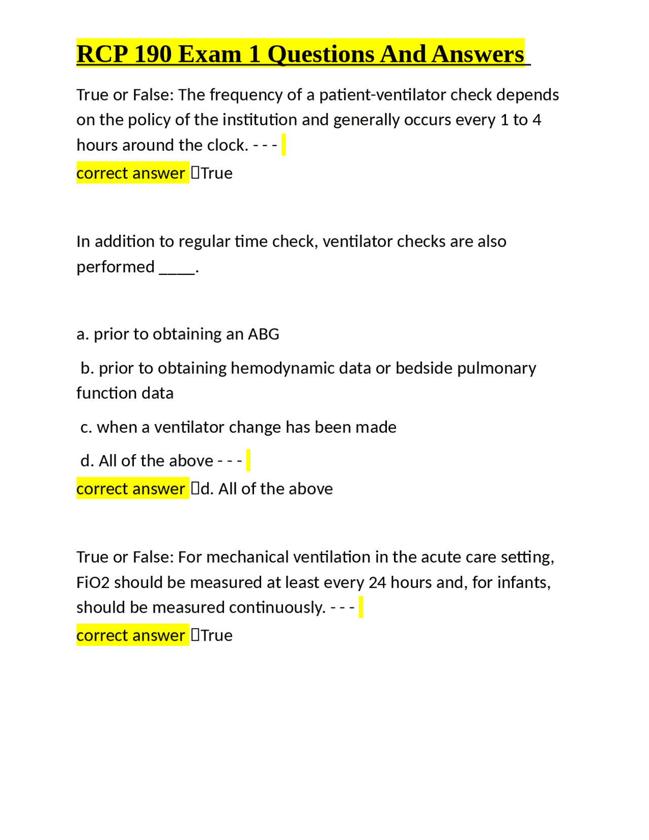 Mechanical Ventilation Exam 1: Questions and Answers for RCP 190 ...
